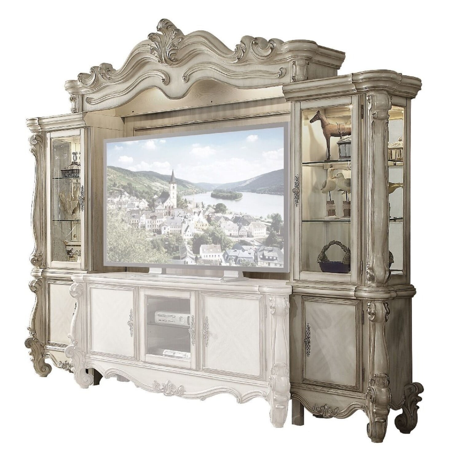 Benjara Wood and Glass Entertainment Center with Scrollwork Details ...