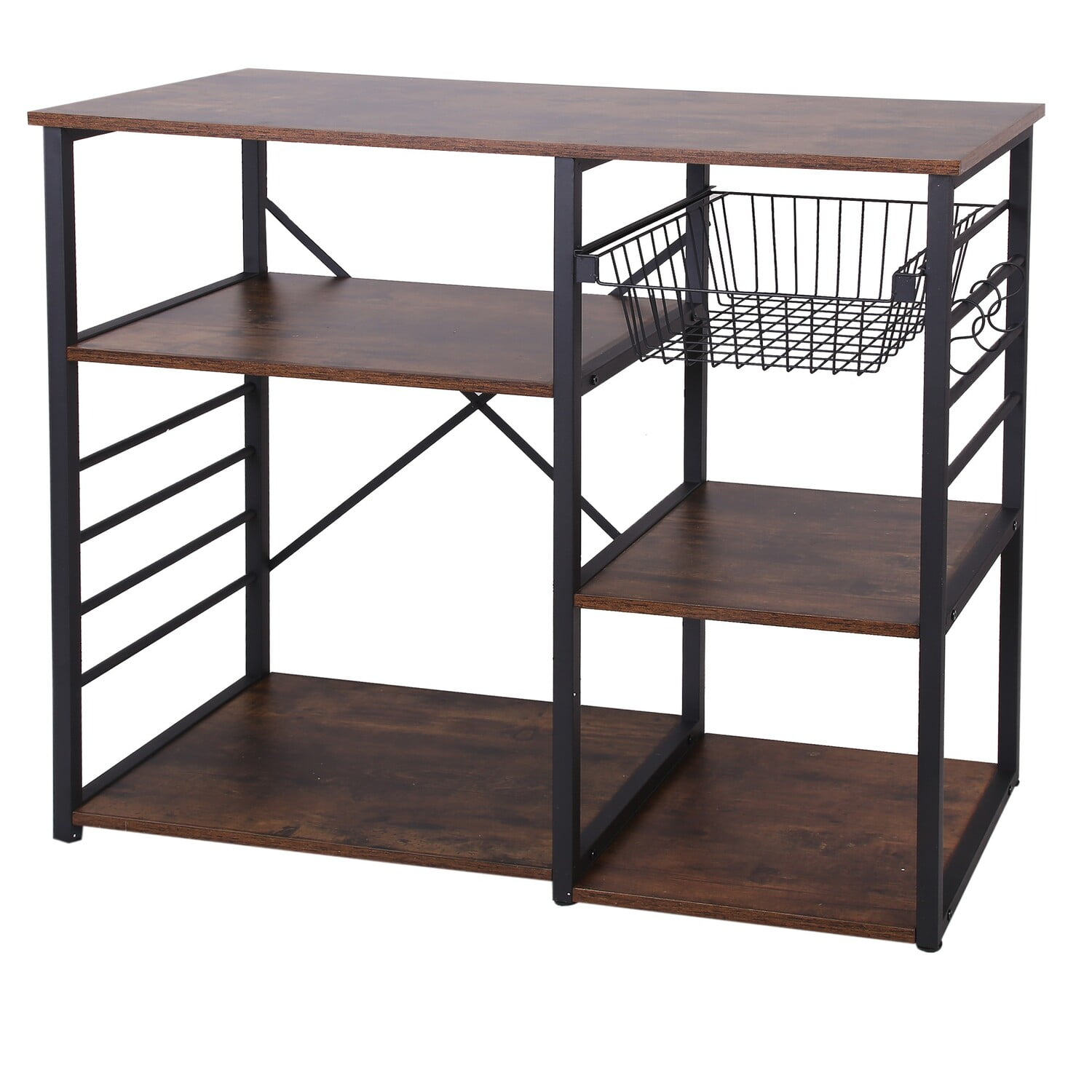 Wood and Metal Bakers Rack with 4 Shelves and Wire Basket, Brown and ...