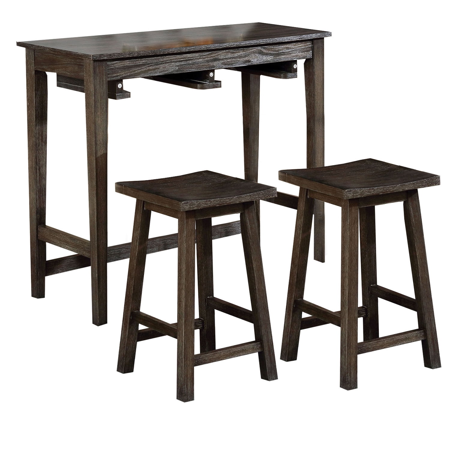 Benjara Wooden 3 Piece Bar Table Set with Enclosed Rack and Block Legs ...