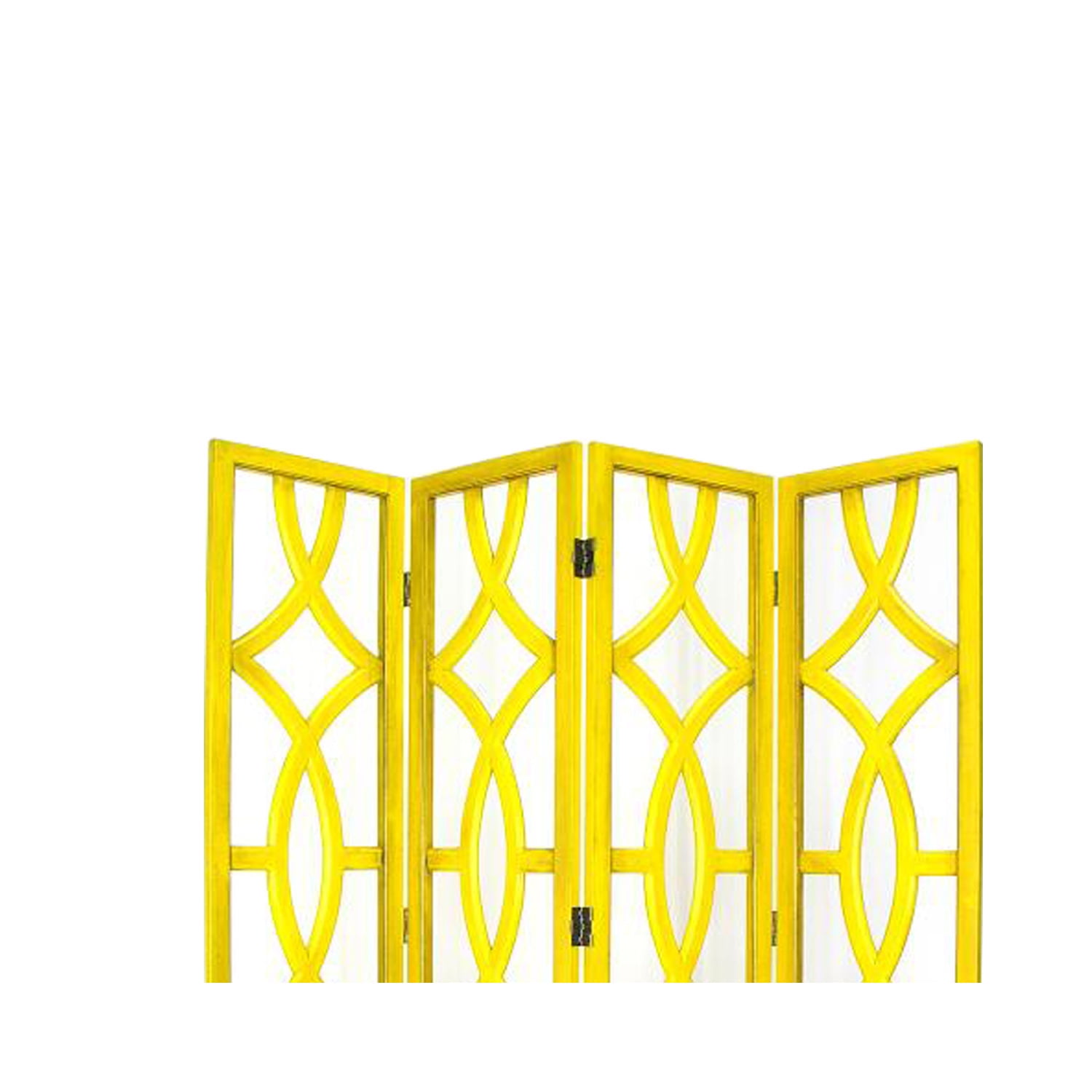 Benjara Wooden 4 Panel Room Divider with Open Geometric Design, Yellow ...