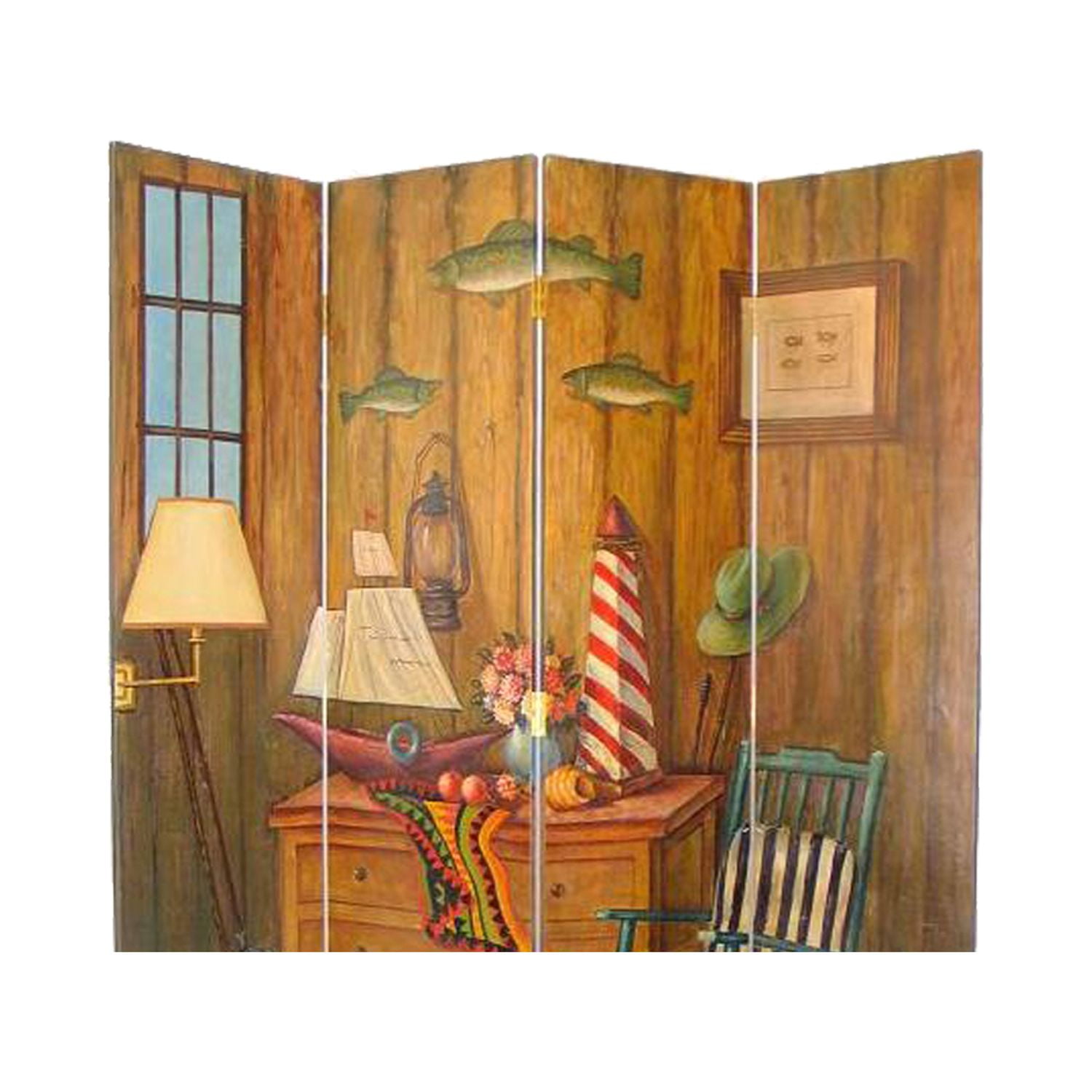 Benjara Wooden 4 Panel Room Divider with Sea and Marine Life Theme ...