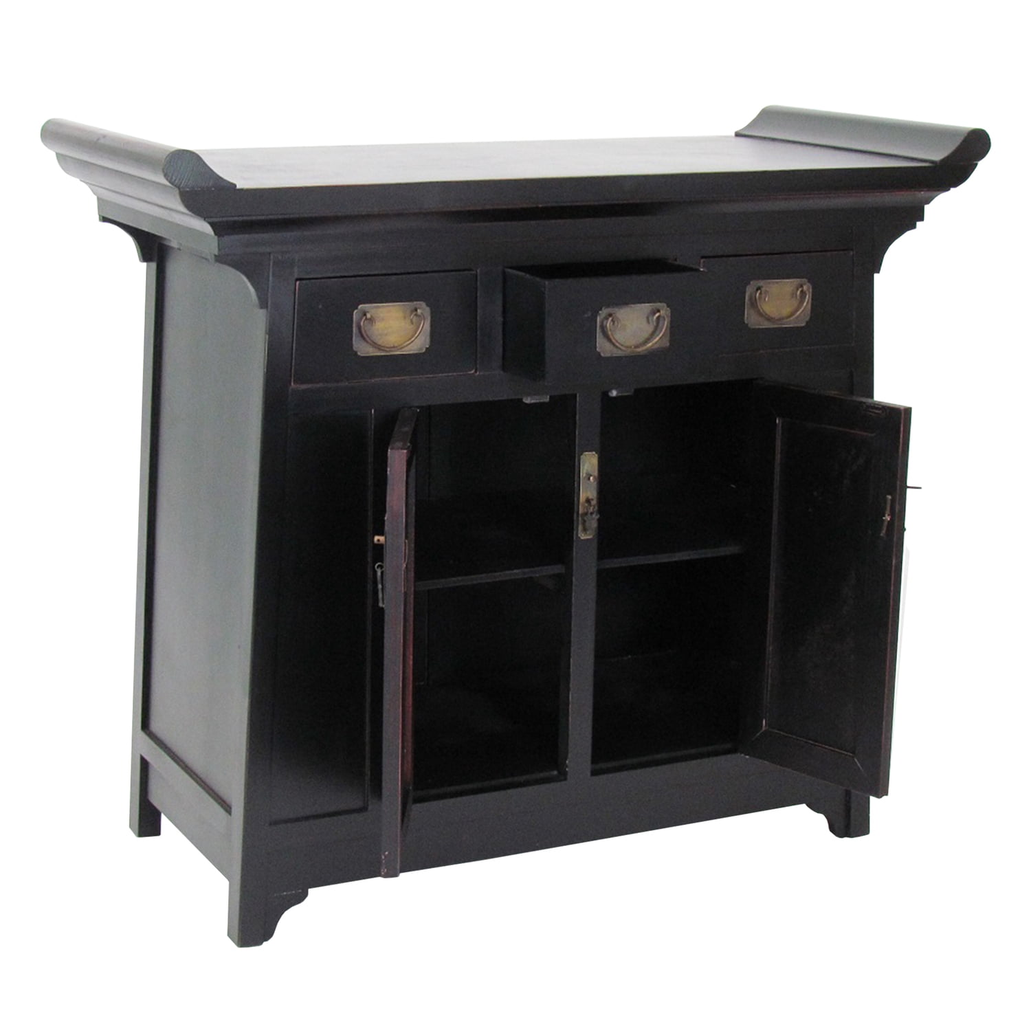 Benjara Wooden Cabinet with 3 Drawers and Raised Curved Sides, Red ...