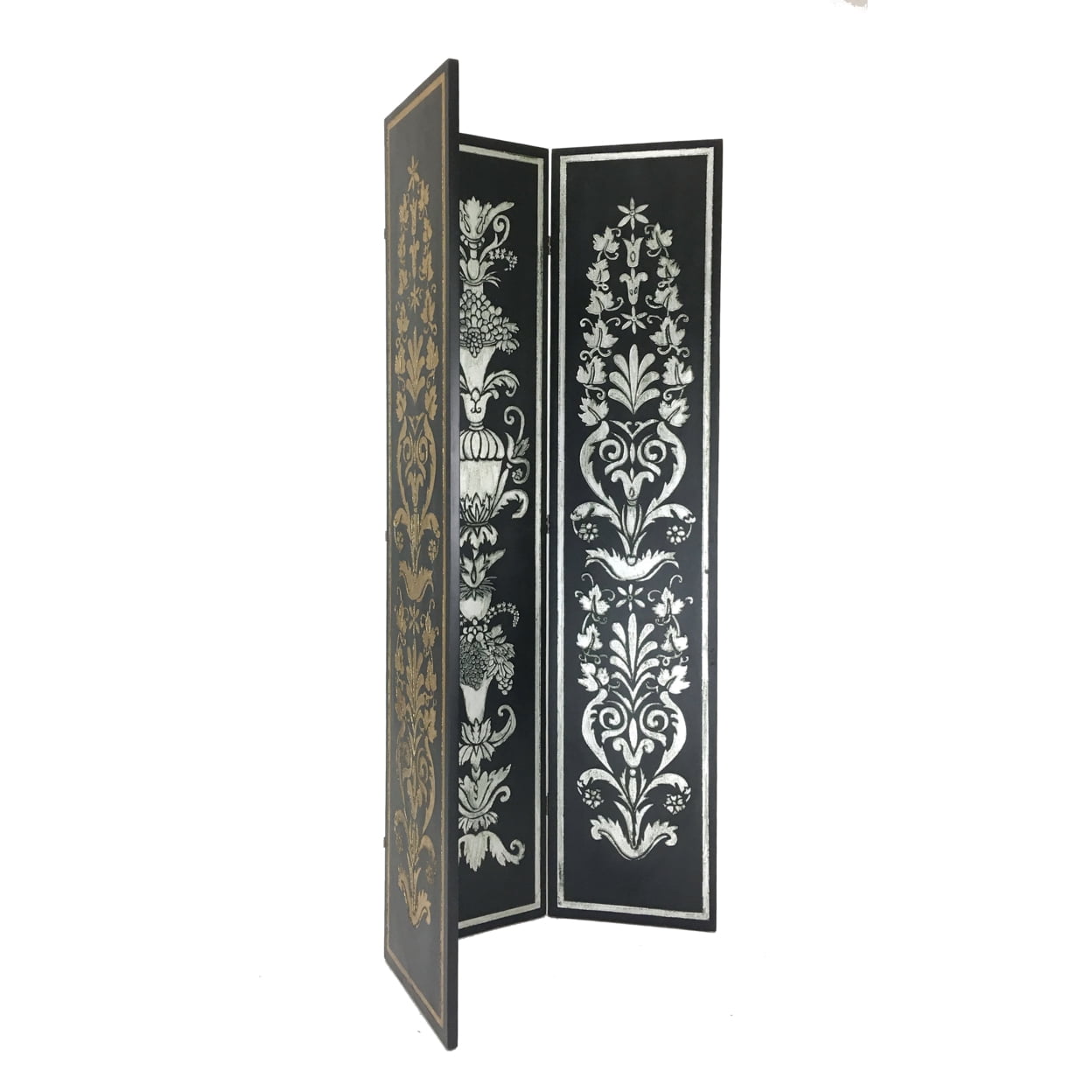 Wooden Double Sided 3 Panel Room Divider with Motifs, Multicolor ...