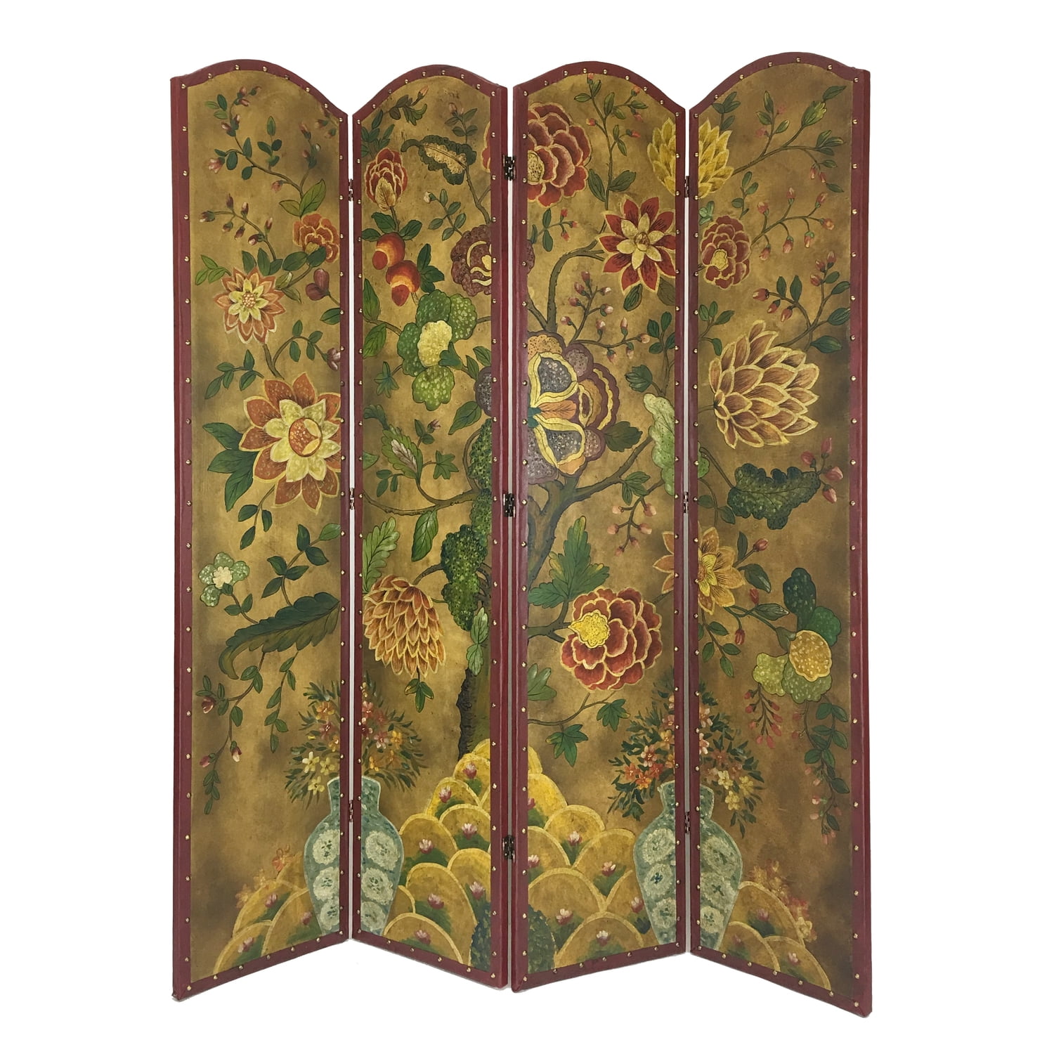 Benjara Wooden Double Sided 4 Panel Room Divider with Floral Motifs ...
