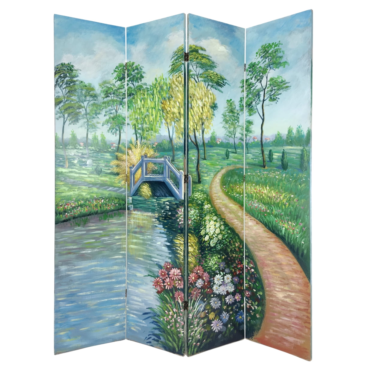 Benjara Wooden Double Sided 4 Panel Room Divider with Garden Scenes ...