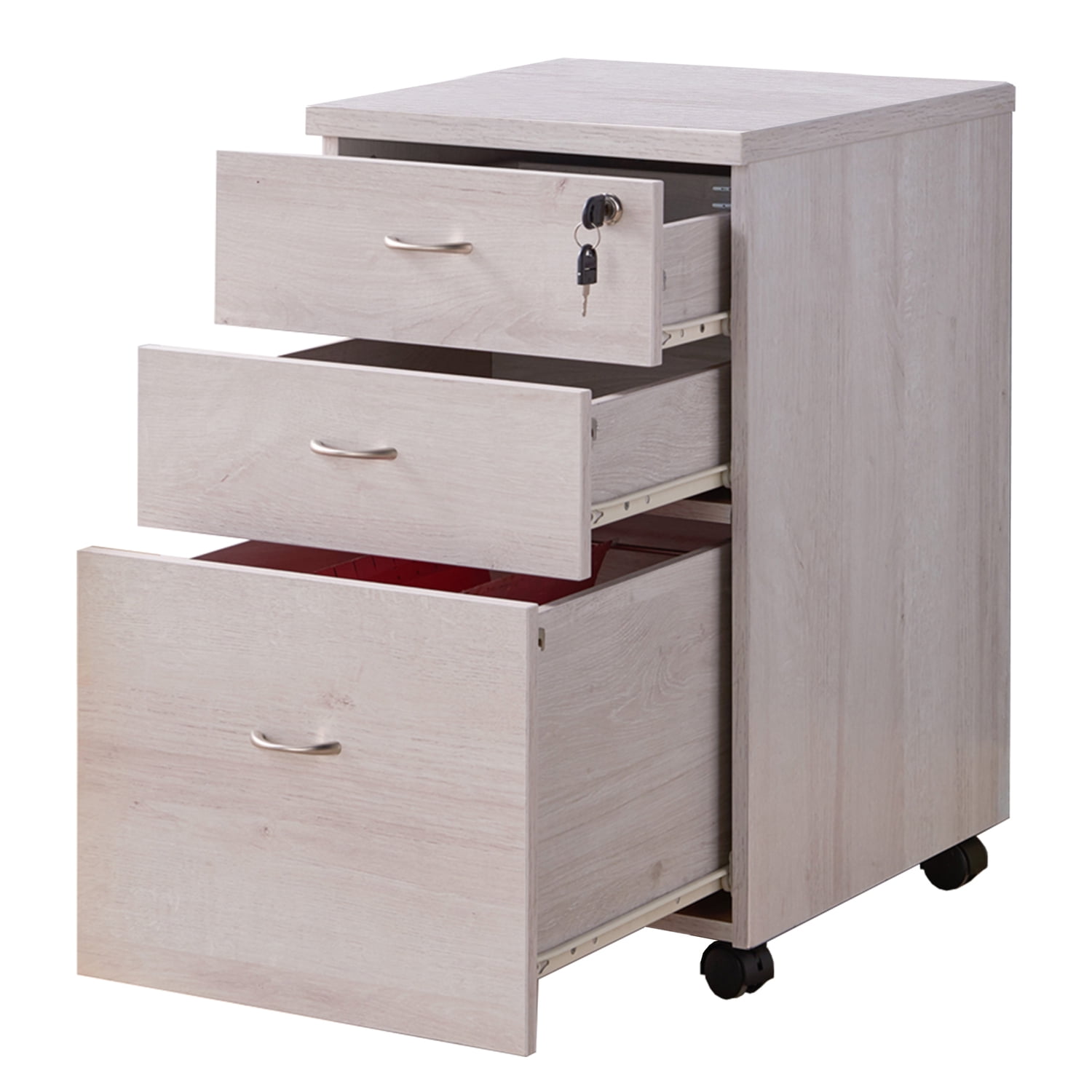 Benjara Wooden File Cabinet with Casters and 3 Drawers, White Oak ...