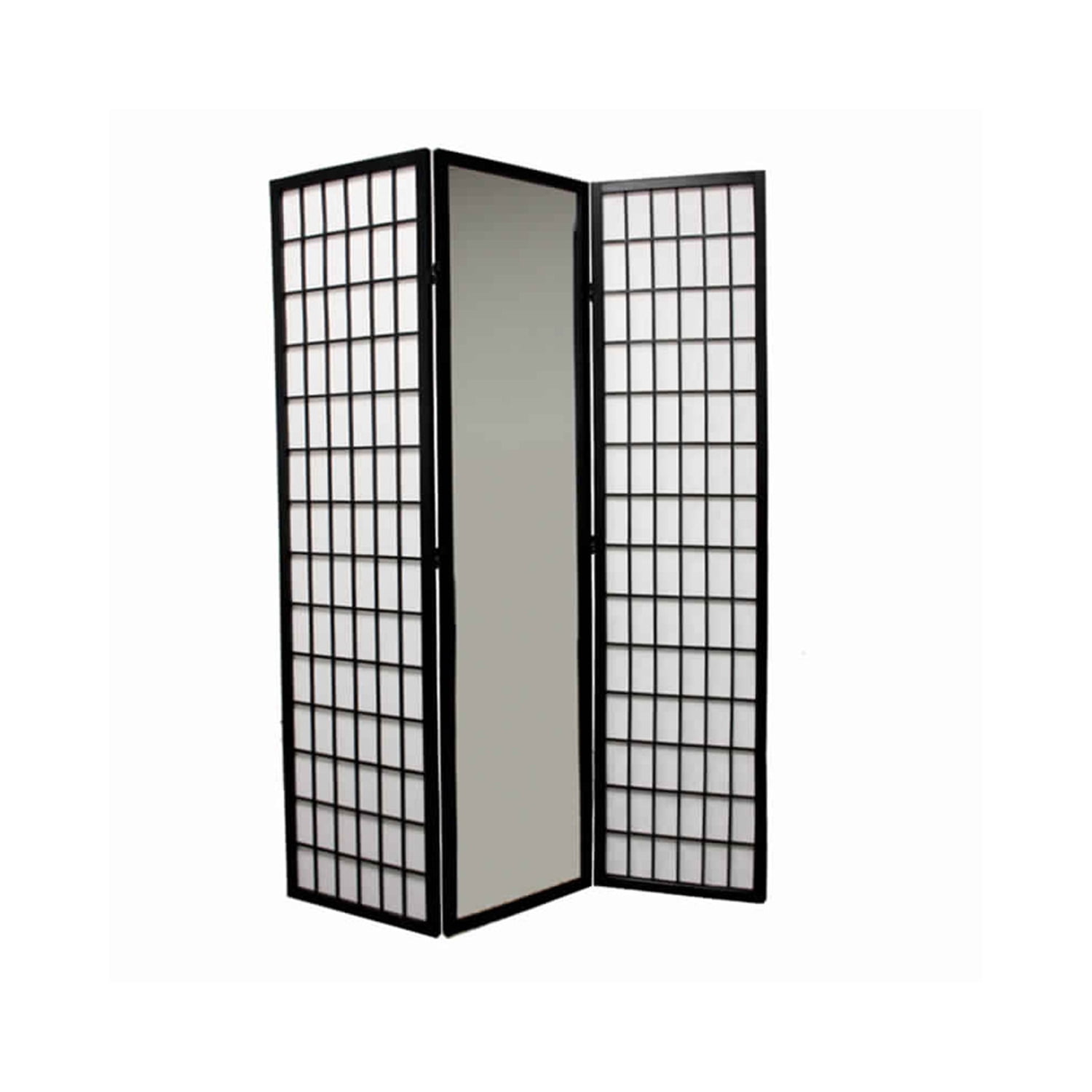 Benjara Wooden Grid Frame 3 Panel Room Divider with Mirror, Black and ...