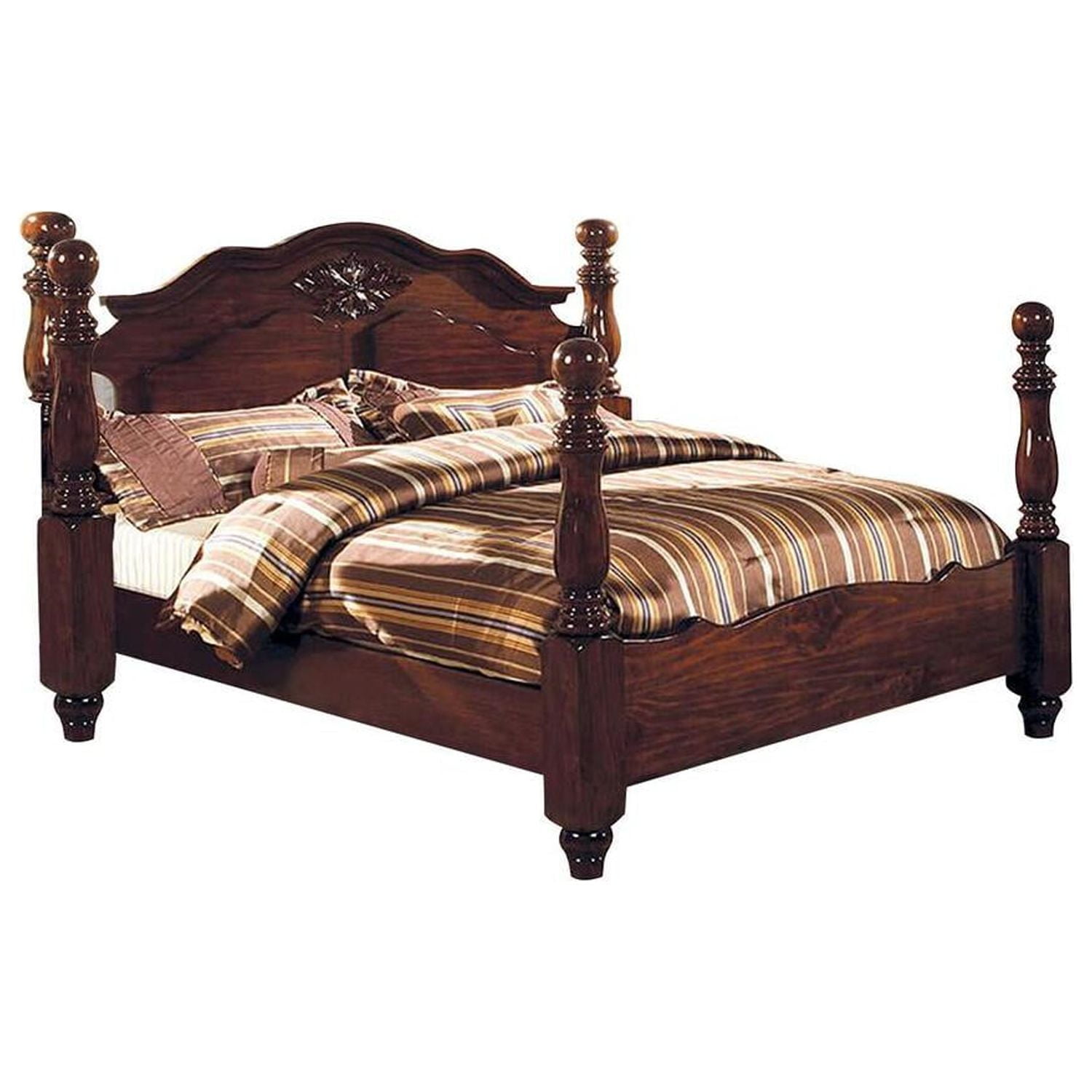 Benjara Wooden Queen Size Bed with Carved Headboard, Footboard, Blunt ...