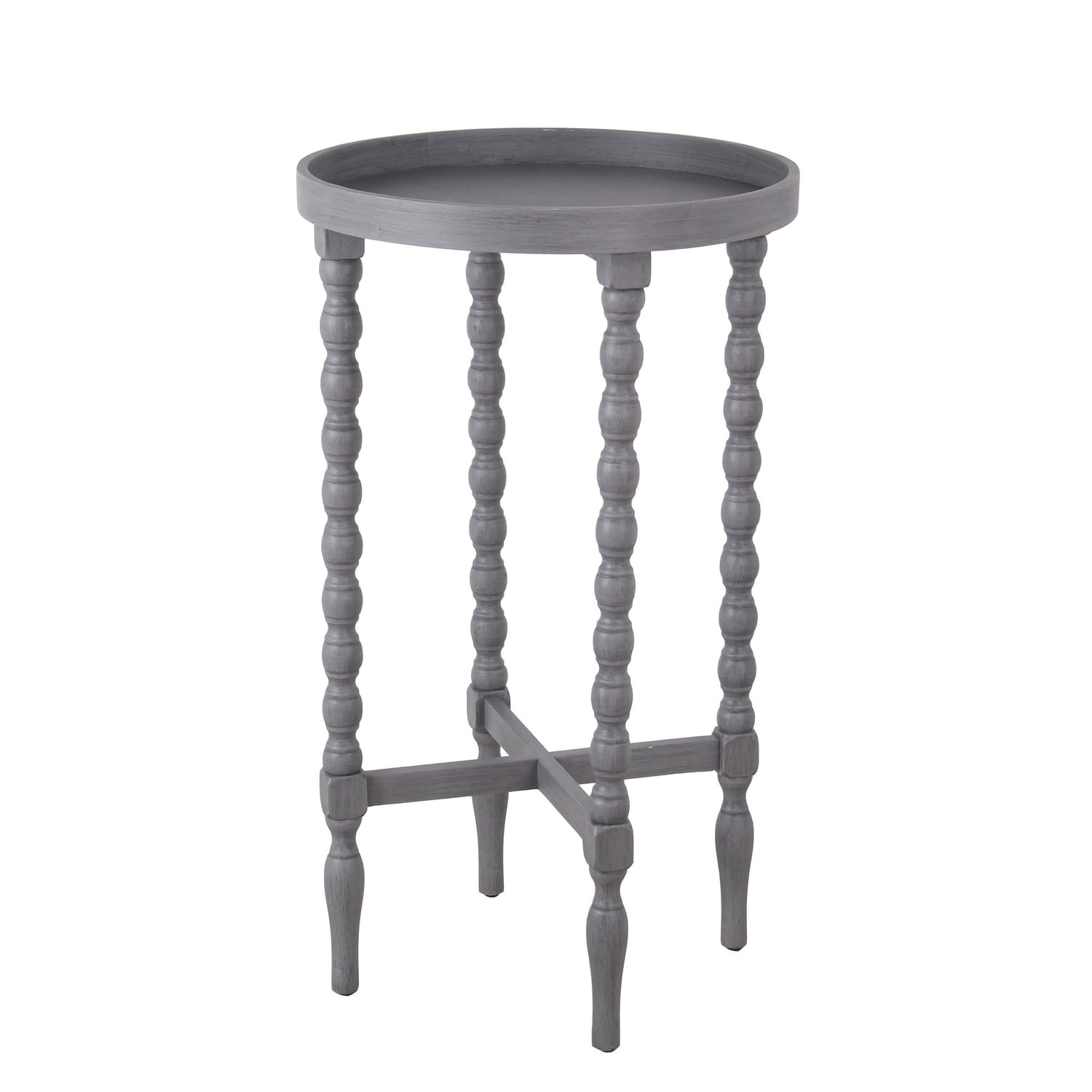 Benjara Wooden Round Accent Table with Tray Top and Beaded Turned Legs ...