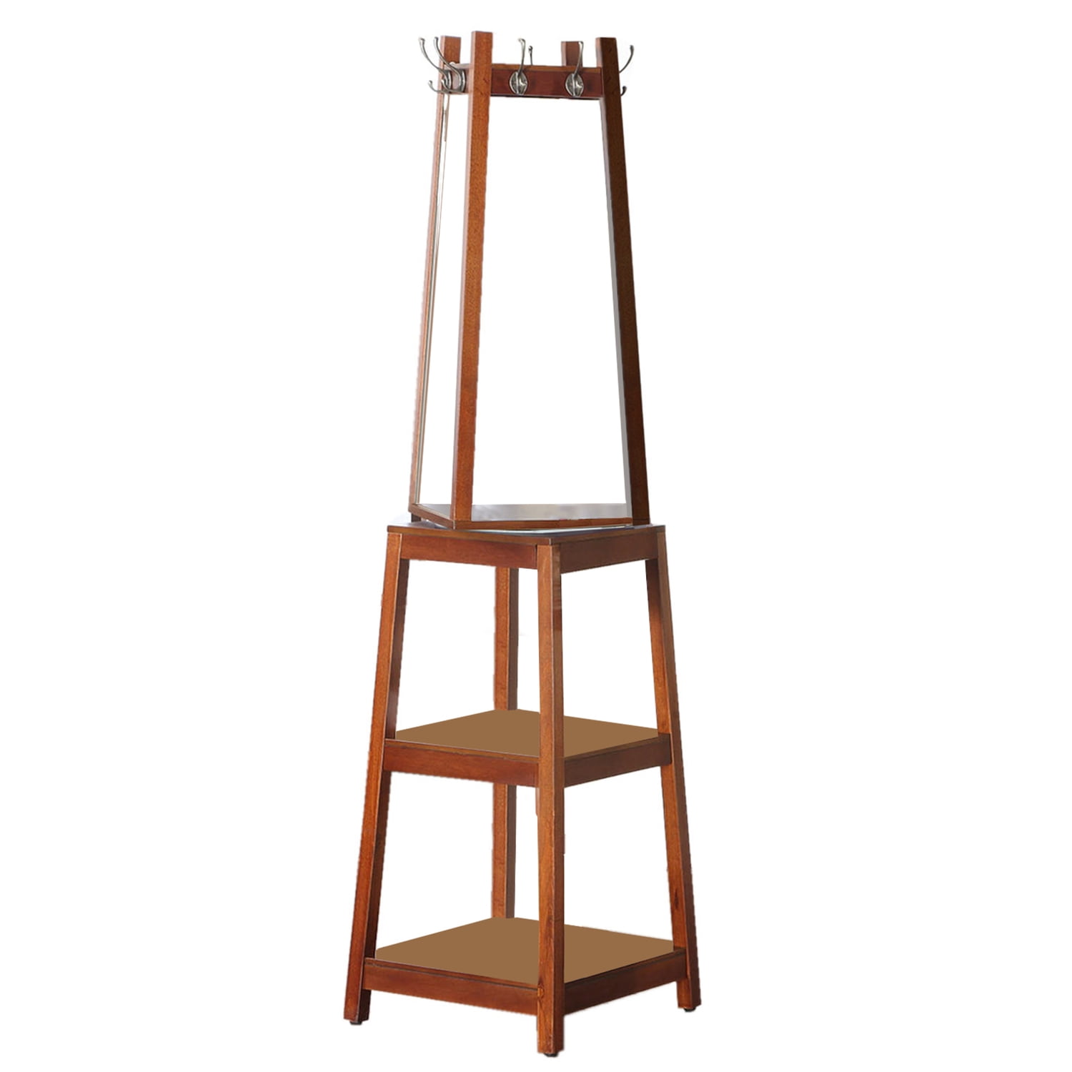 Benjara Wooden Swivel Hall Stand with Mirror and Multiple Hooks, Cherry ...