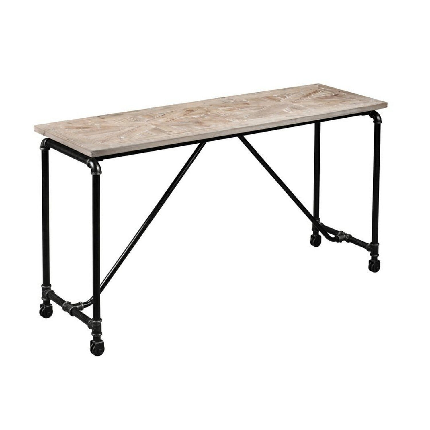 Benjara Wooden Top Console Table with Pipe Design Base and Casters ...