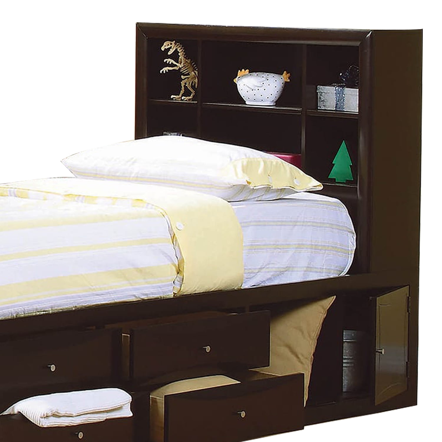 Benjara Wooden Twin Size Bed with Bookcase Headboard and Storage Unit ...