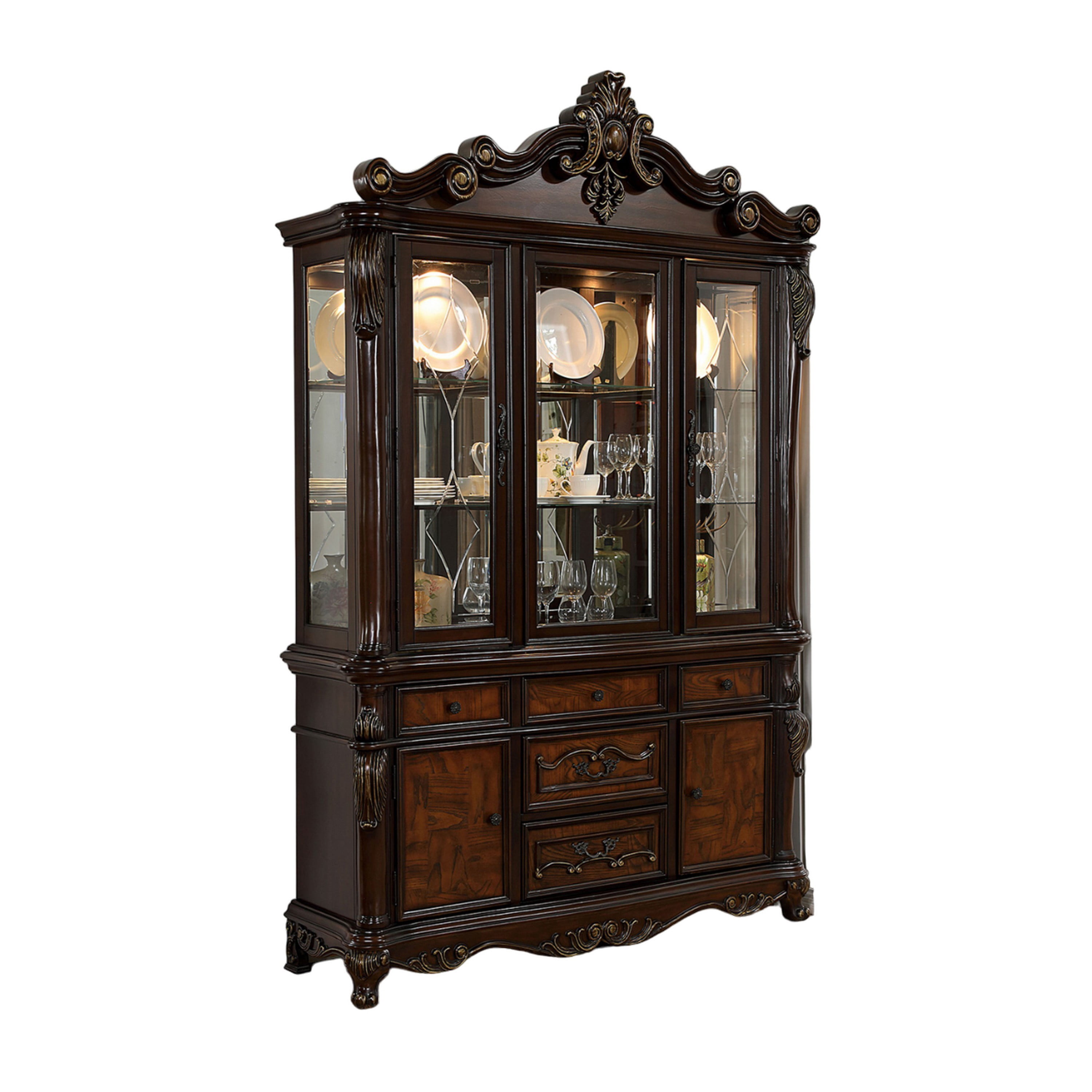 Zenie Buffet Cabinet and Hutch, Classic Carved, Cherry Brown Solid Wood ...