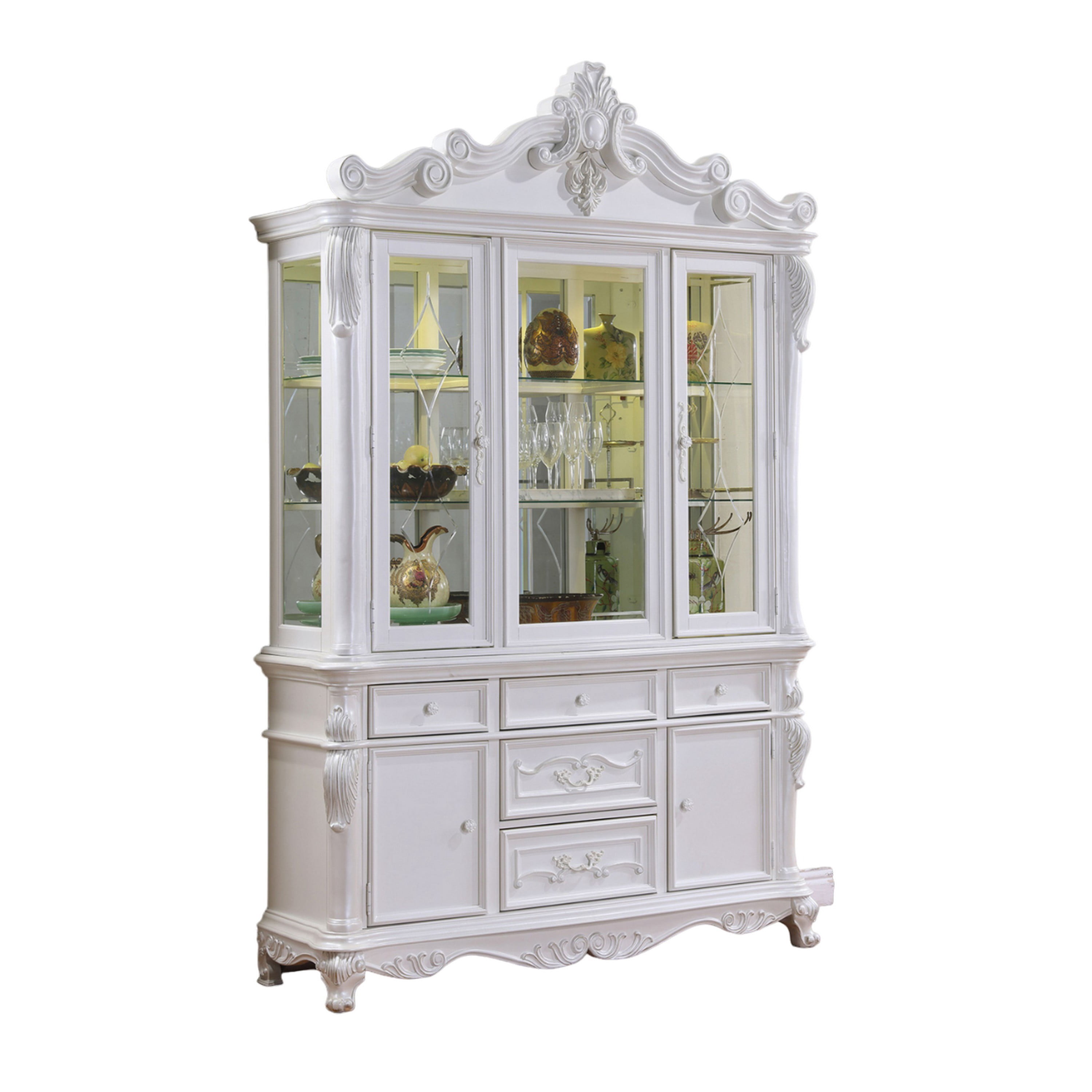 Zenie Buffet Cabinet and Hutch, Classic Carved Details, White Solid ...