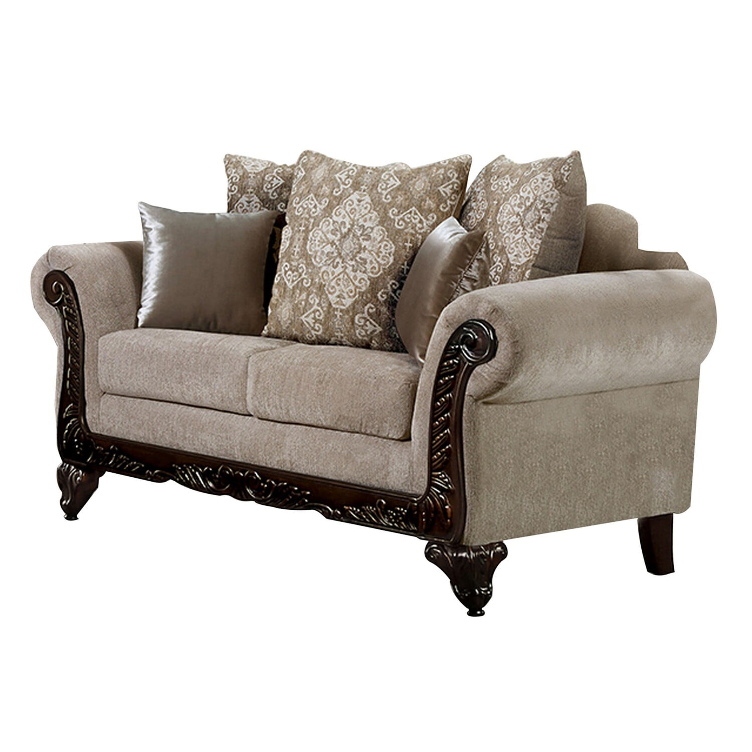 Benjara Zon 68 Inch Loveseat with Rolled Arms, Throw Pillows, Soft ...