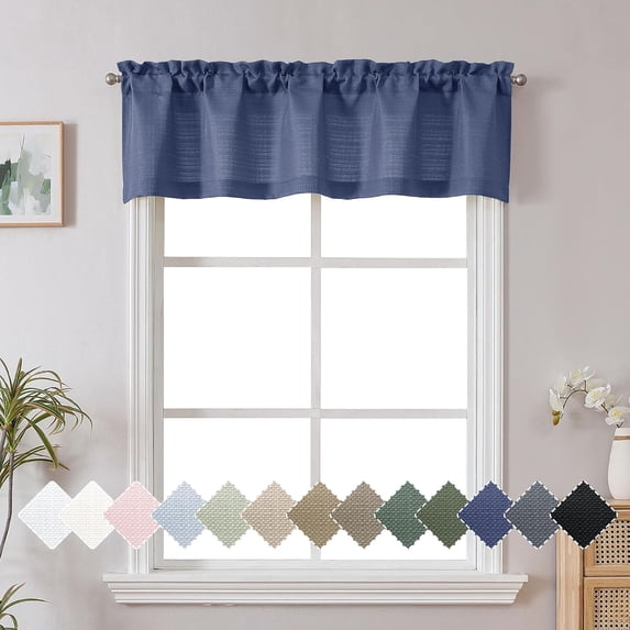 Bennet Blue Valance for Windows, Faux Linen Slub Textured Semi Sheer ...
