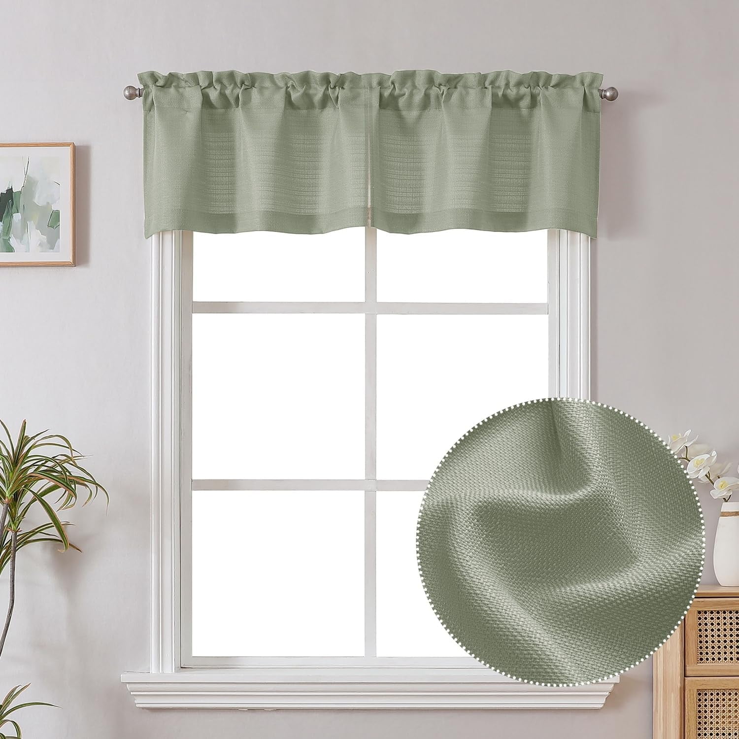 Bennet Light Green Valance for Windows, Faux Linen Slub Textured Semi ...
