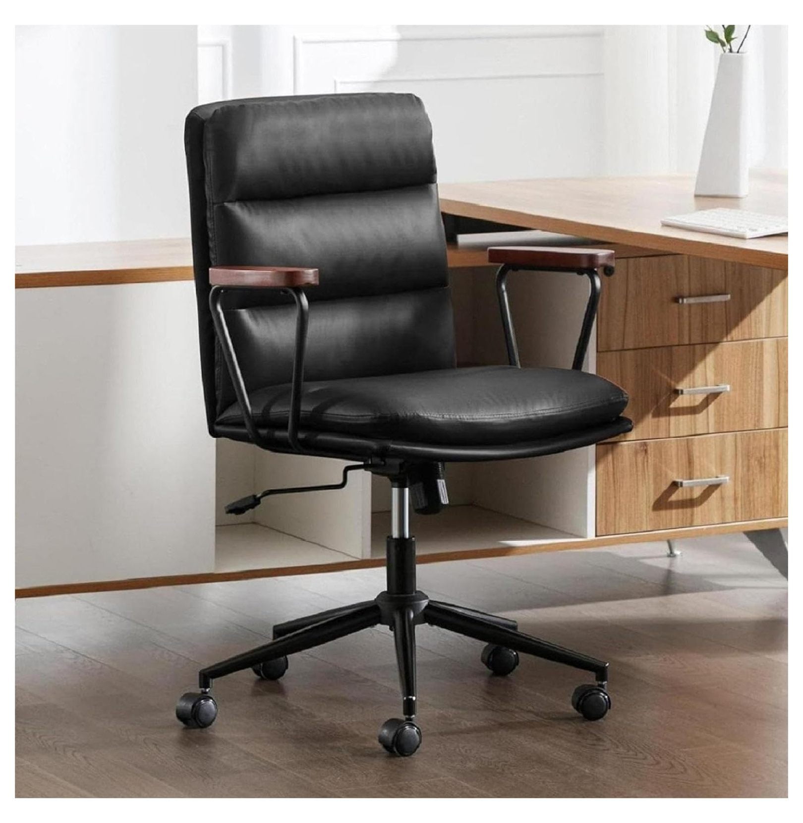 Bennium Office Desk Chair with Wooden Armrests, PU Padded Ergonomic ...