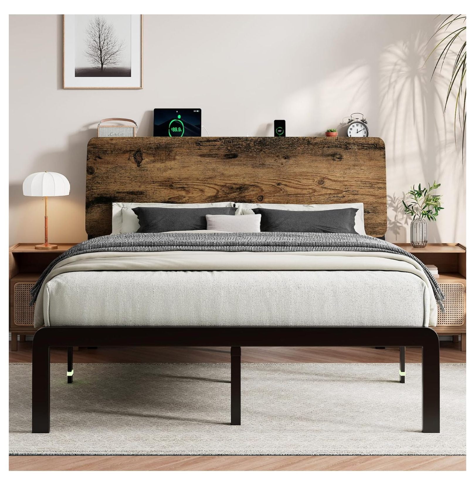 Bennium Queen Metal Bed Frame with LED Lights & Charging Station ...