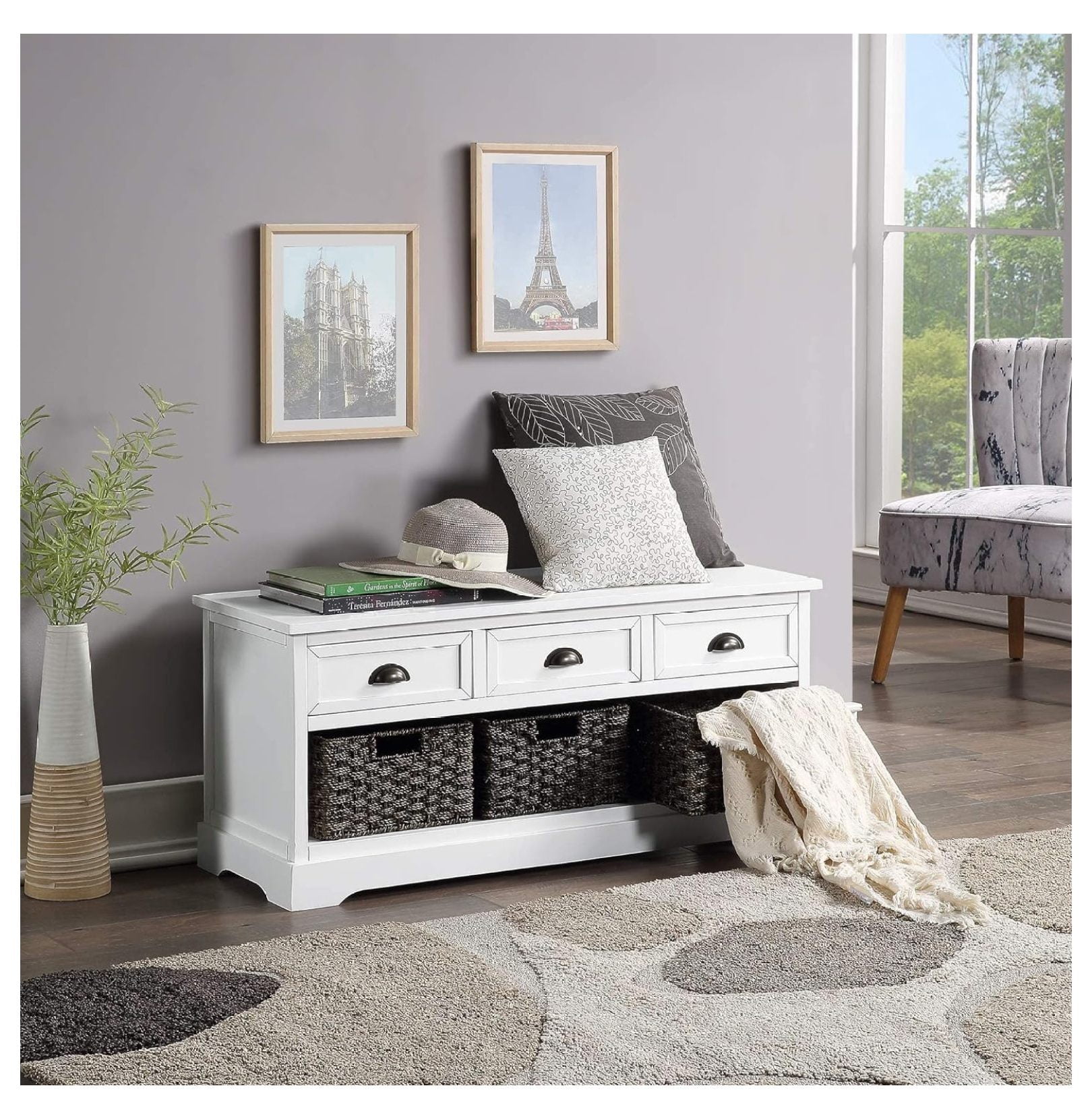 Bennium Storage Bench with 3 Drawers and 3 Rattan Baskets for Hallway ...