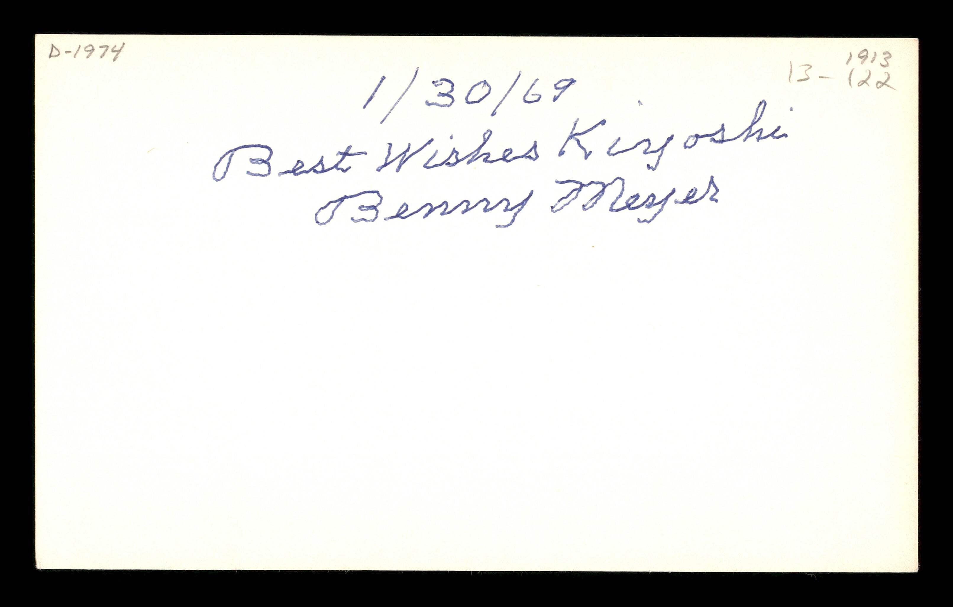 Benny Meyer Autographed 3x5 Index Card Brooklyn Dodgers "Best Wishes ...