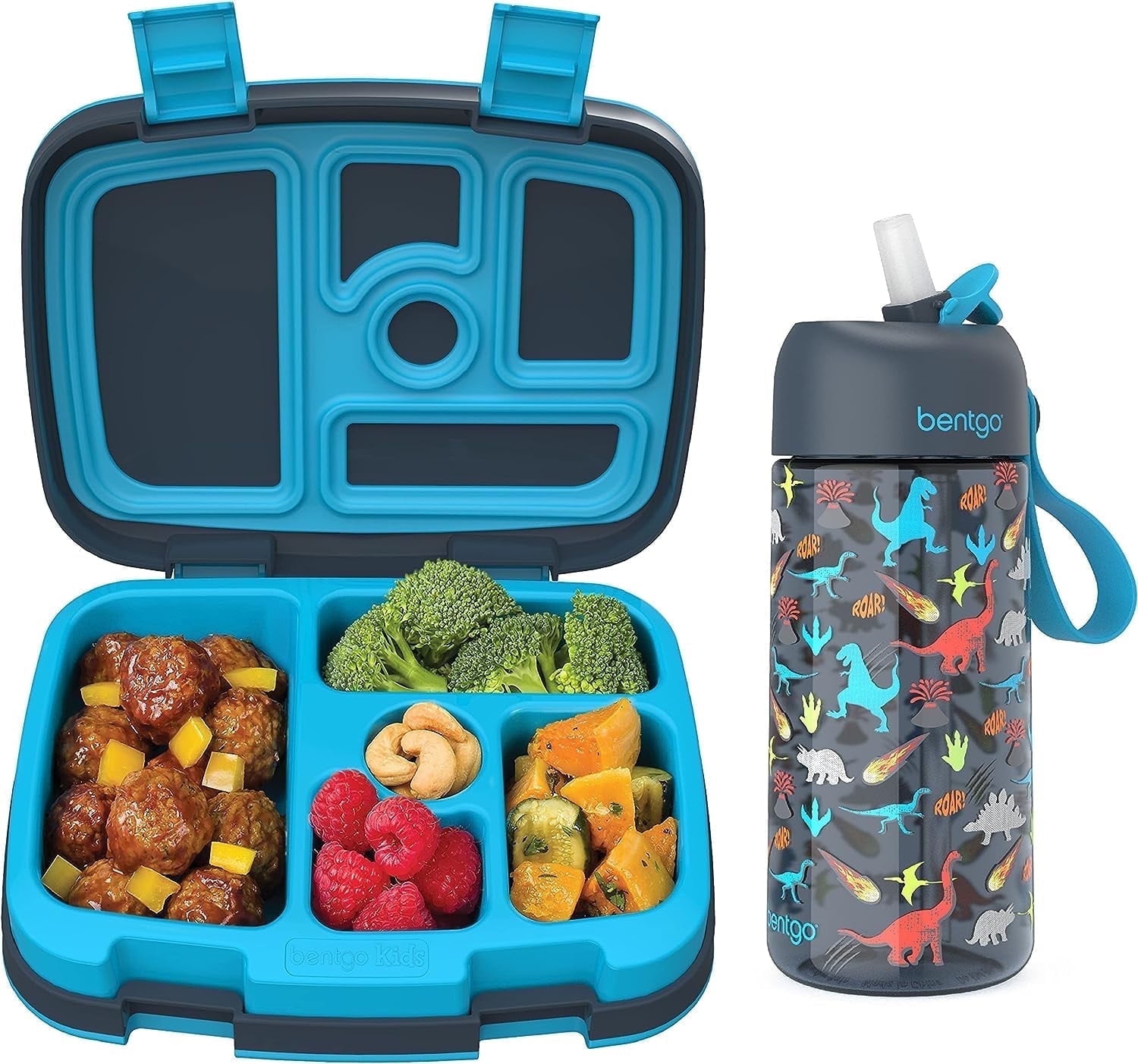 Bentgo Lunch Box and Water Bottle Set for Kids, Dinosaur Print, 5 ...