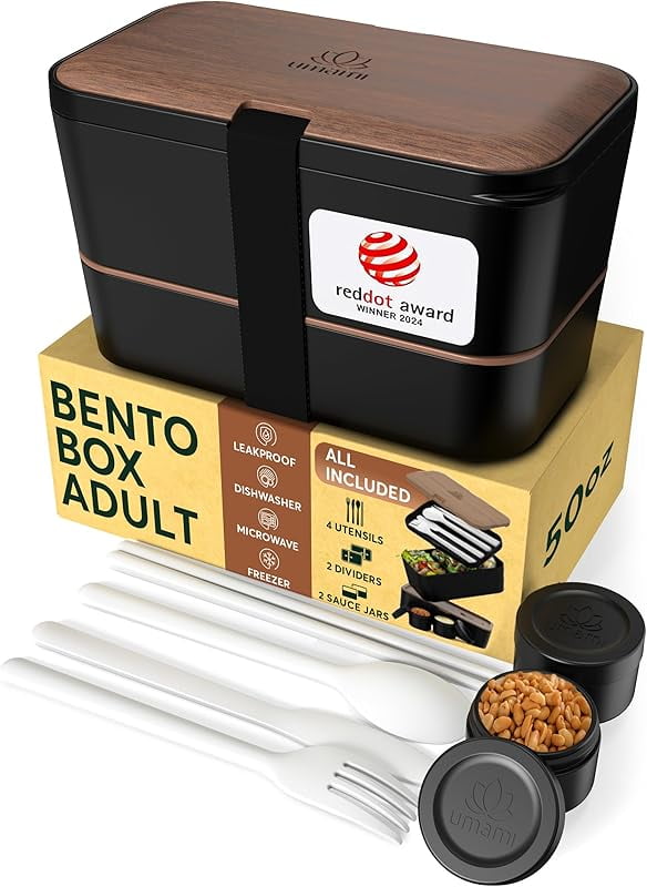 Bento Box Adult All-In-1 w/4 Utensils, Big Sauce Jar, 2 Dividers, 100% ...