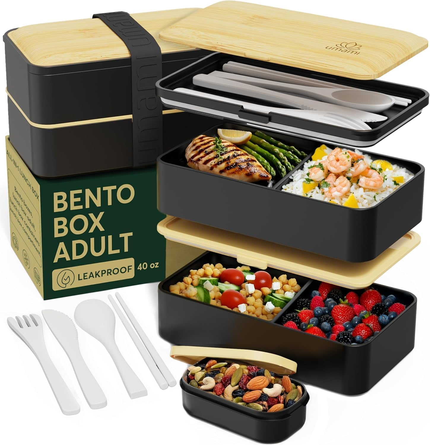 Bento Box Adult All-In-1 w/4 Utensils, Big Sauce Jars, 2 Dividers, 100% ...