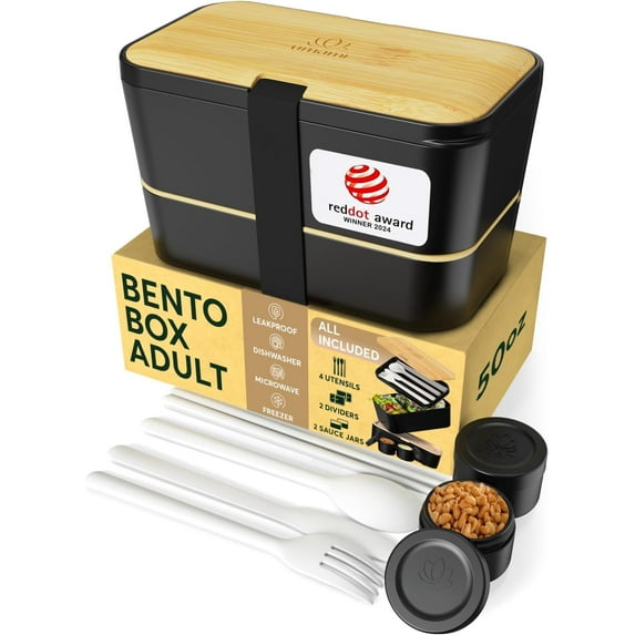Bento Box -in-1 w/ 4 Utensils, Leakproof, Dishwasher & Microwave Safe ...