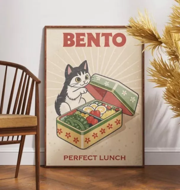 Bento Cat Poster, Retro Japanese Art, Kawaii Food Print NO FRAMED ...