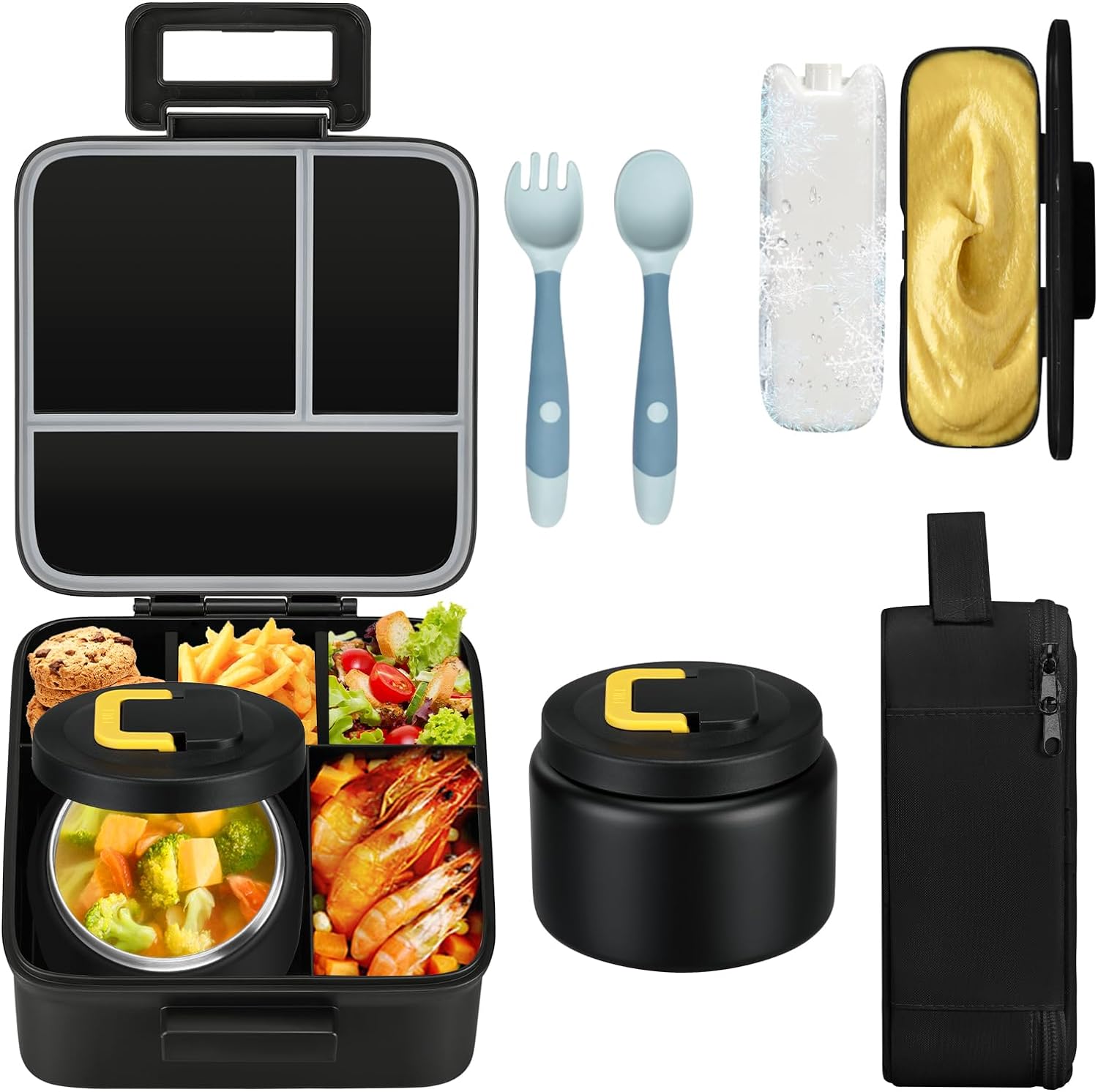 Bento Lunch Box with 8oz Soup Thermo, 5-Compartment Leak-Proof ...