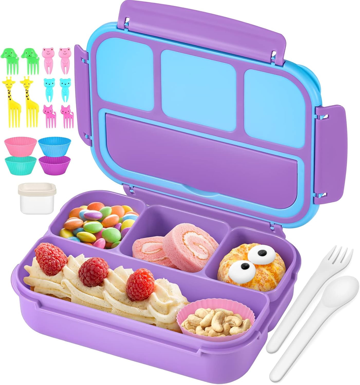 Bento Lunch Box with 4 Compartments, Sauce Container, Utensils, Food ...