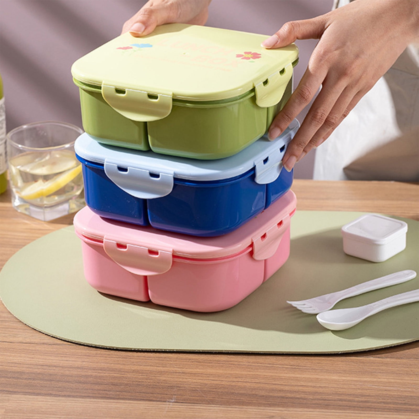 Bento Lunch Box with Dividers & Cutlery Set, Microwave Safe Compartment ...