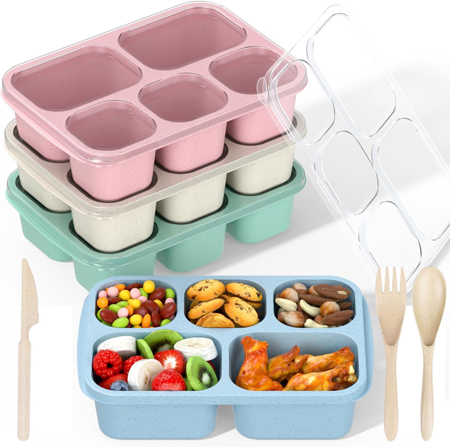Bento Lunch Boxes, 4 Pack, Reusable 5 Compartments Meal Prep Containers ...