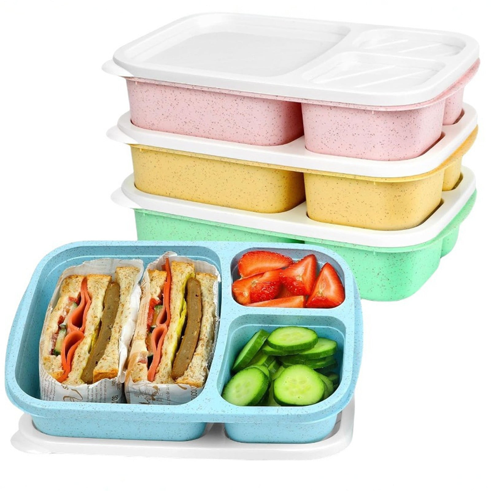 Bento Snack Box 3 Compartment Food Storage Box, Straw Meal Prep Lunch ...