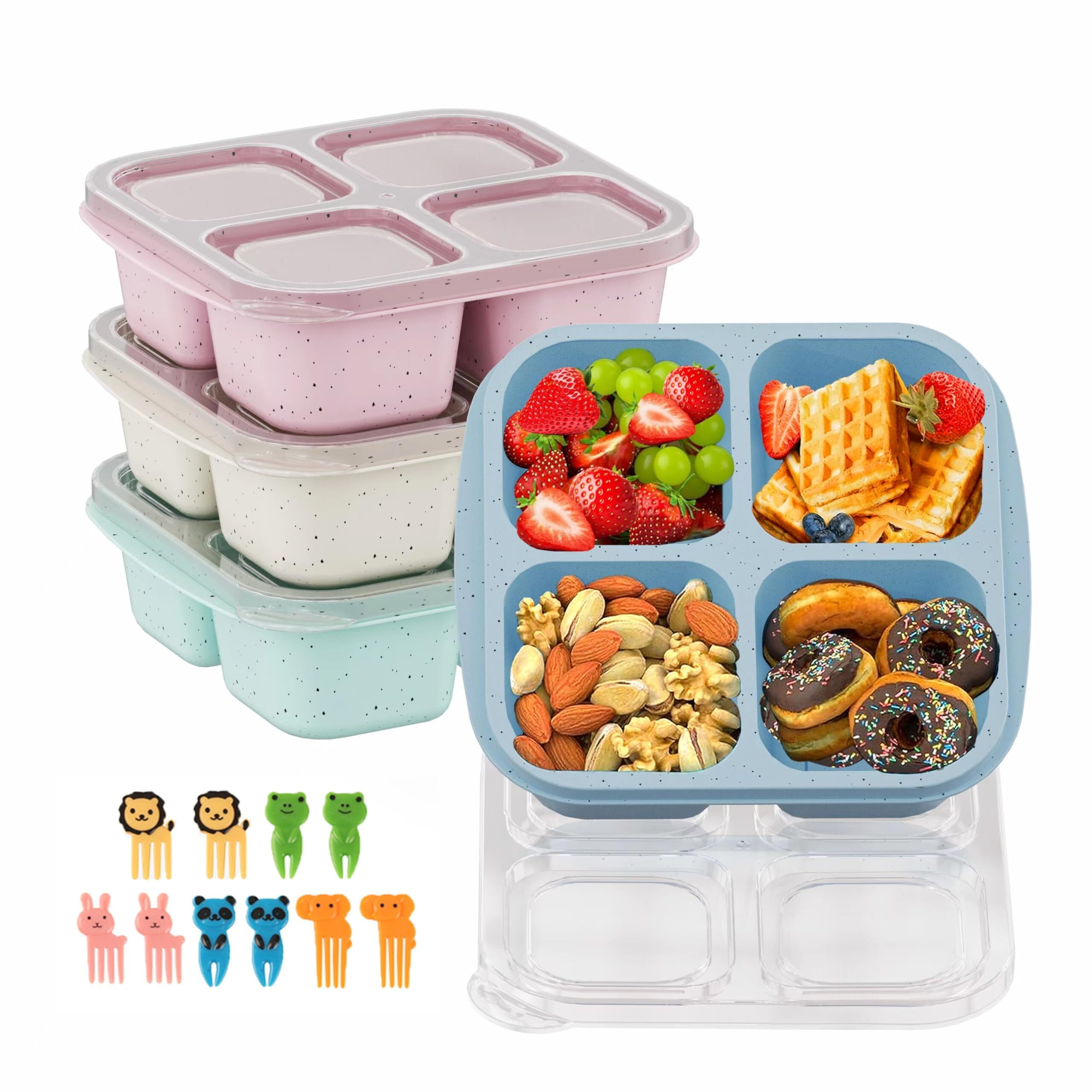 A Bento Snack Boxes 4 Pack, Reusable Bento Boxes Kids with 4 Compartments & Fork, Lunch Snack ...