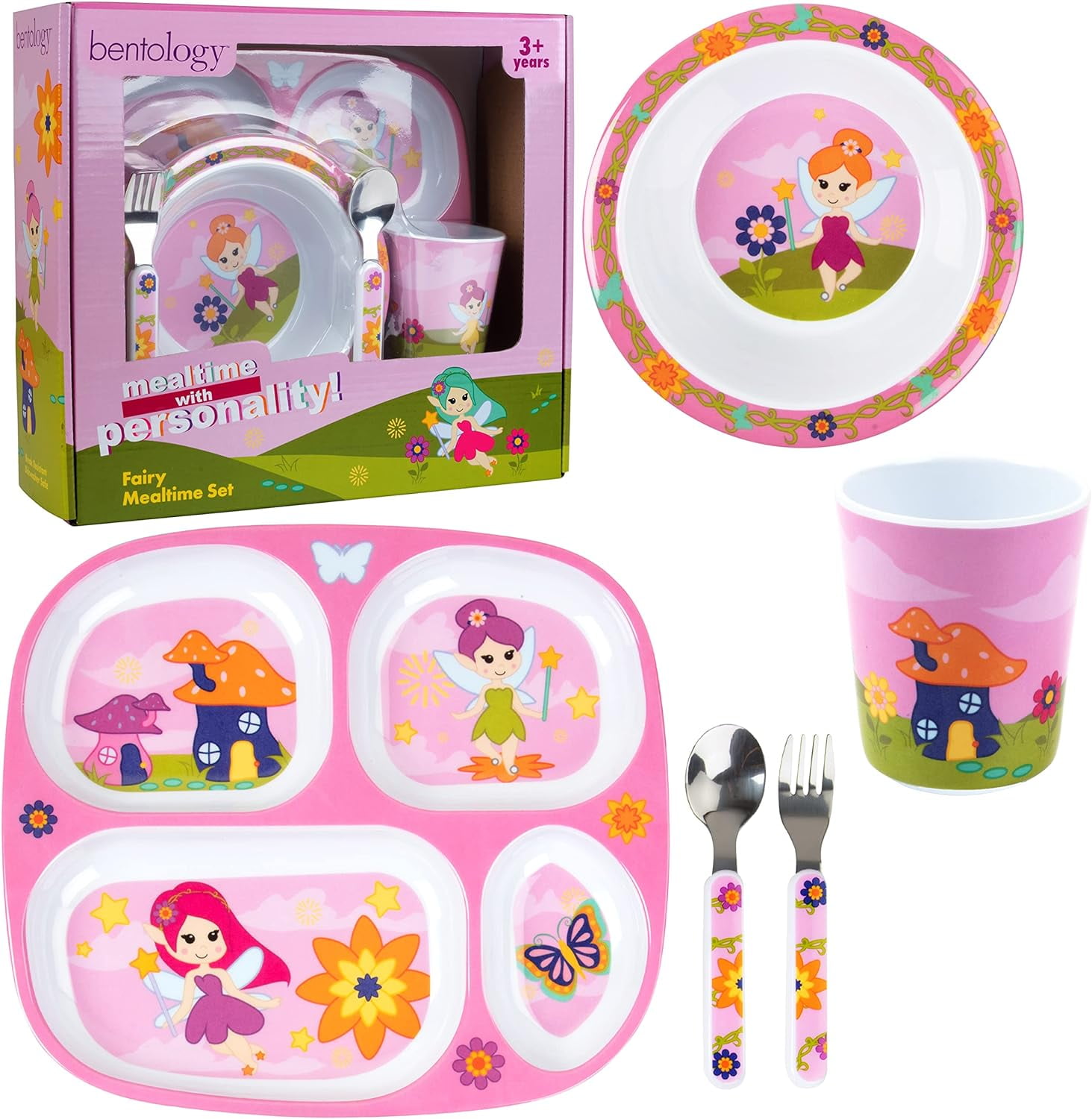 Bentology 5 Pc Mealtime Set for Kids & Toddlers, Fairy Theme-Includes ...