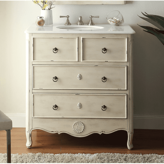 Benton Collection 34" Beige Cottage Bathroom Vanity with White Marble ...