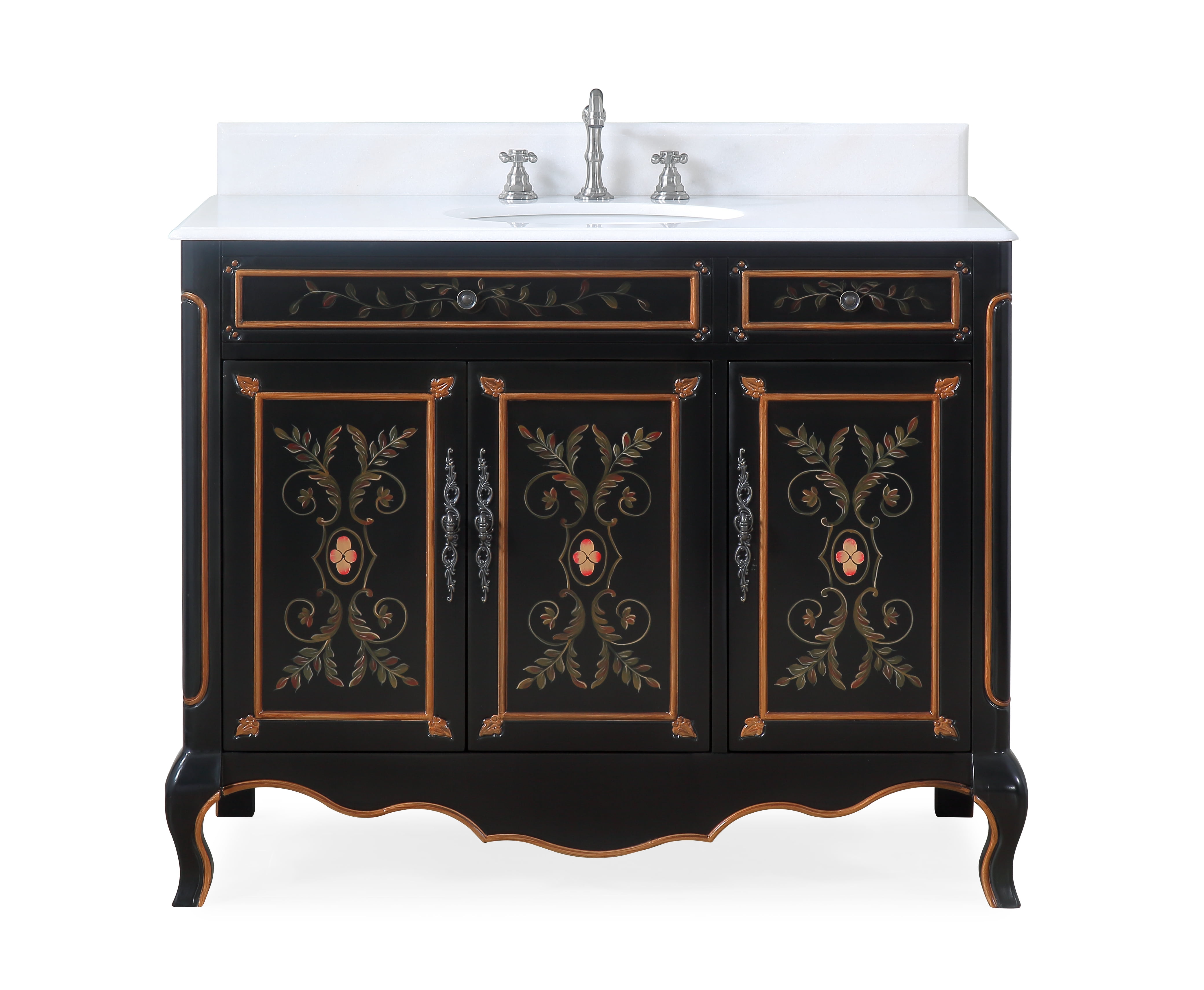 Benton Collection 42" Black Hand-Painted Floral Bathroom Vanity with 3 ...