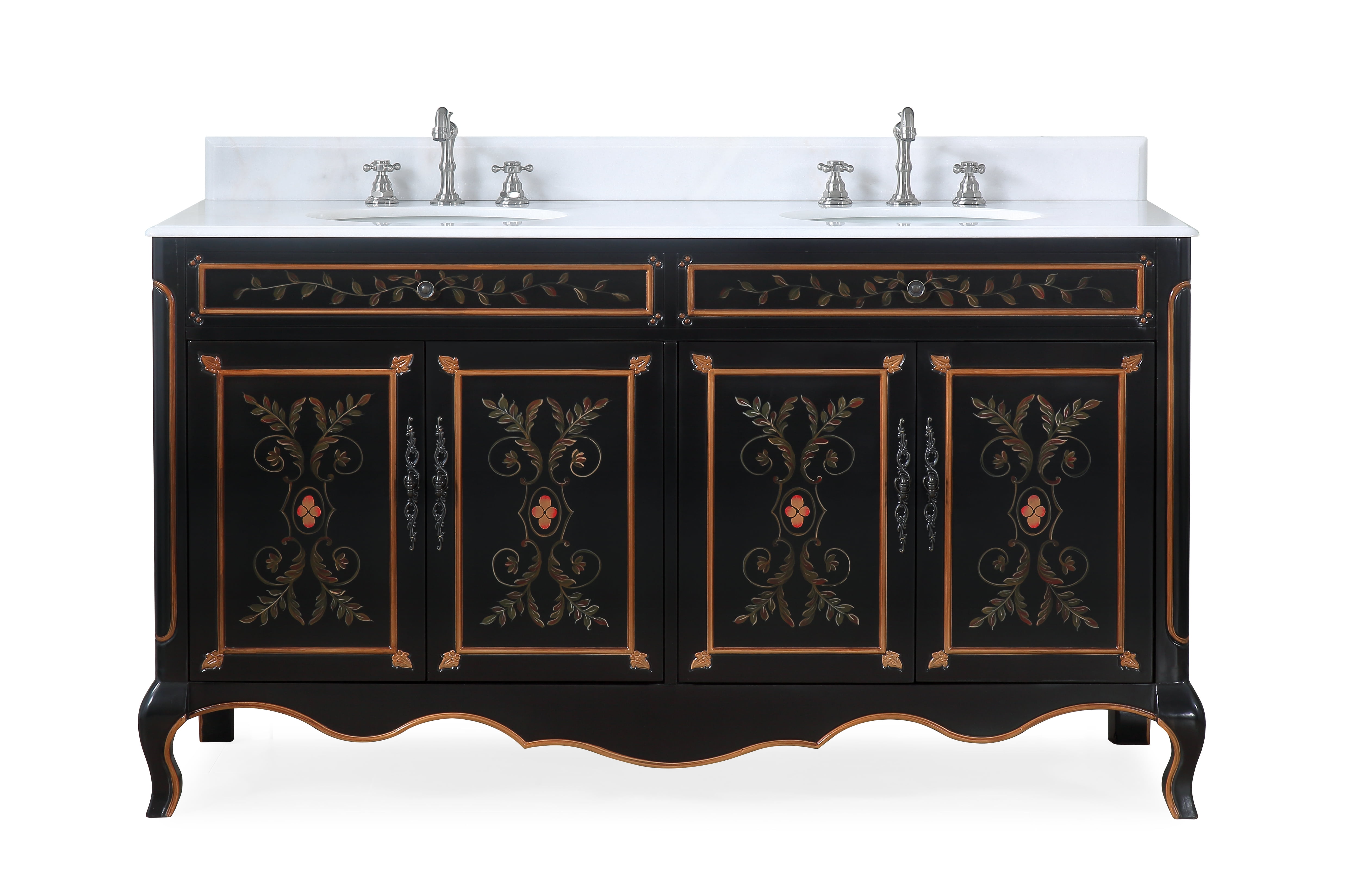 Benton Collection 60" Black Hand-Painted Floral Double Sink Bathroom ...