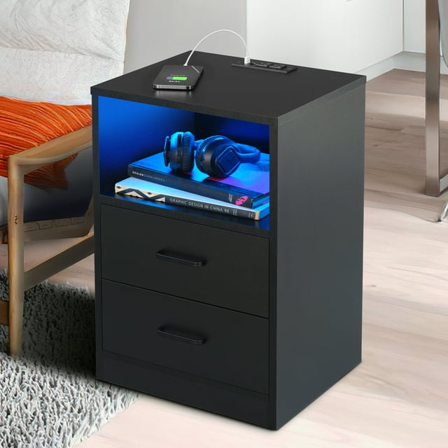Benton Park LED Modern Rectangular End Table with USB, 2 Drawers ...