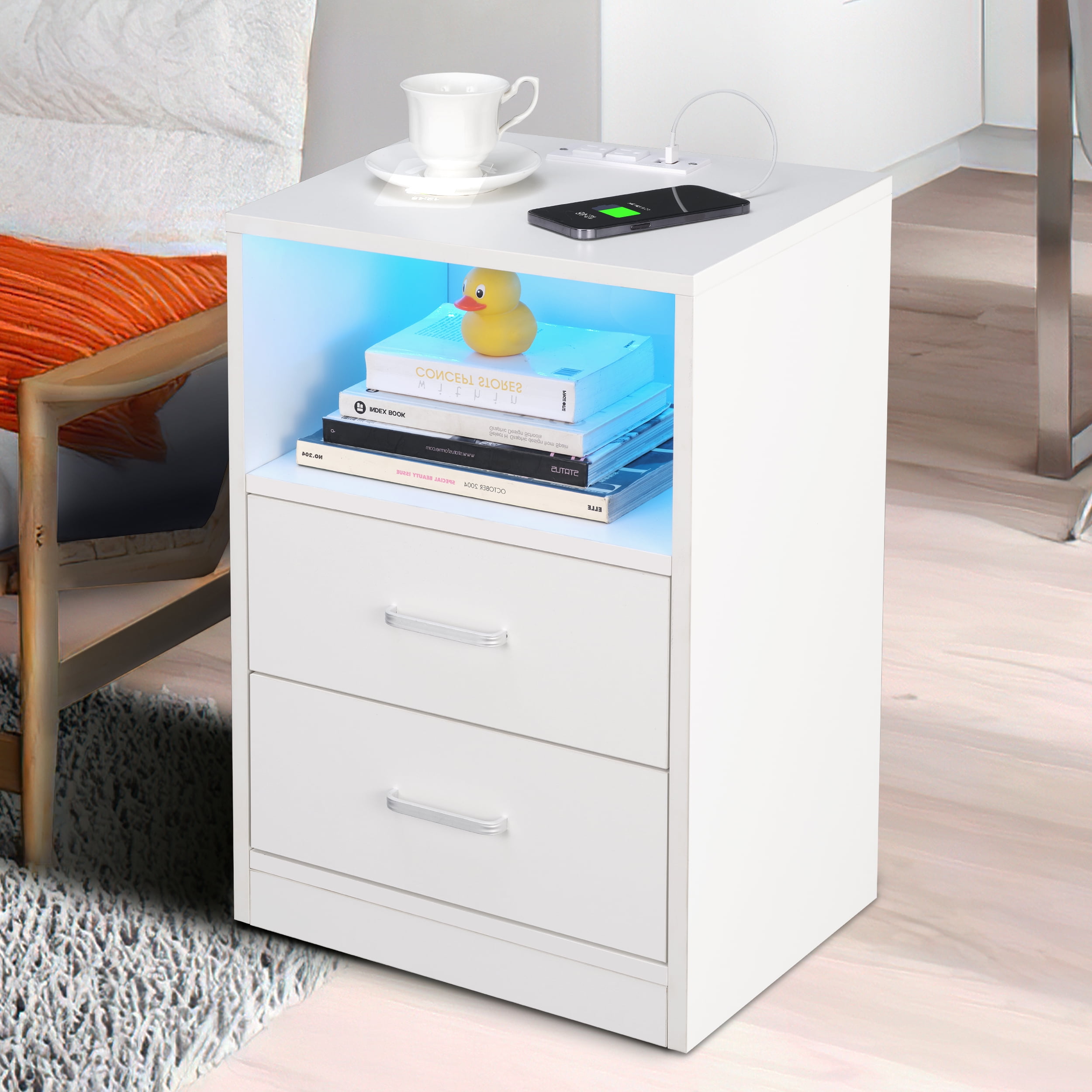 Benton Park LED Modern Rectangular End Table with USB, 2 Drawers ...
