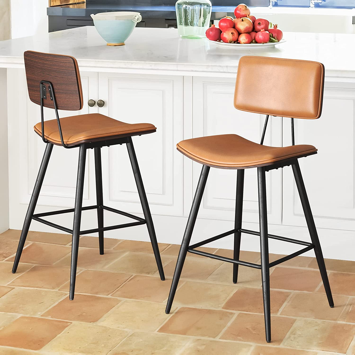 Bentwood Counter Height Bar Stool Whiskey Brown PU Leather Upholstered ...