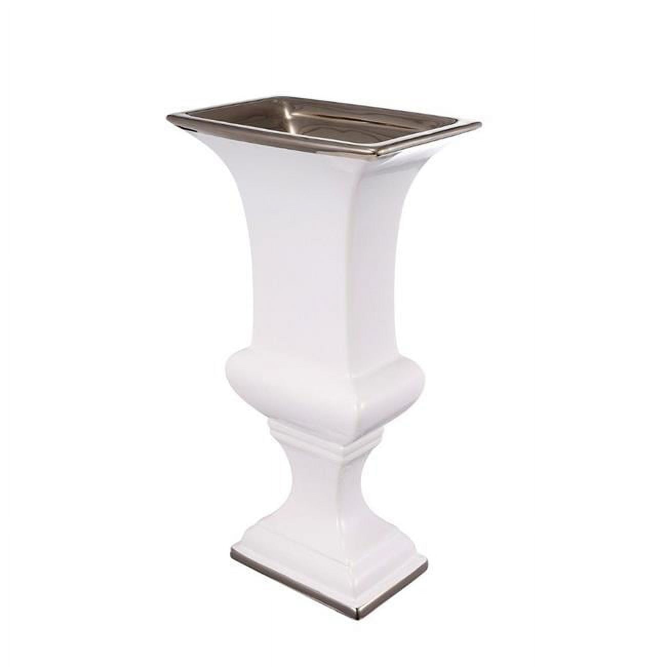 Ceramic Decorative Urn With Rectangular Opening, Small, White & Silver ...
