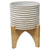 Benzara Ceramic Planter on Wooden Stand with Ribbed Design, White and ...