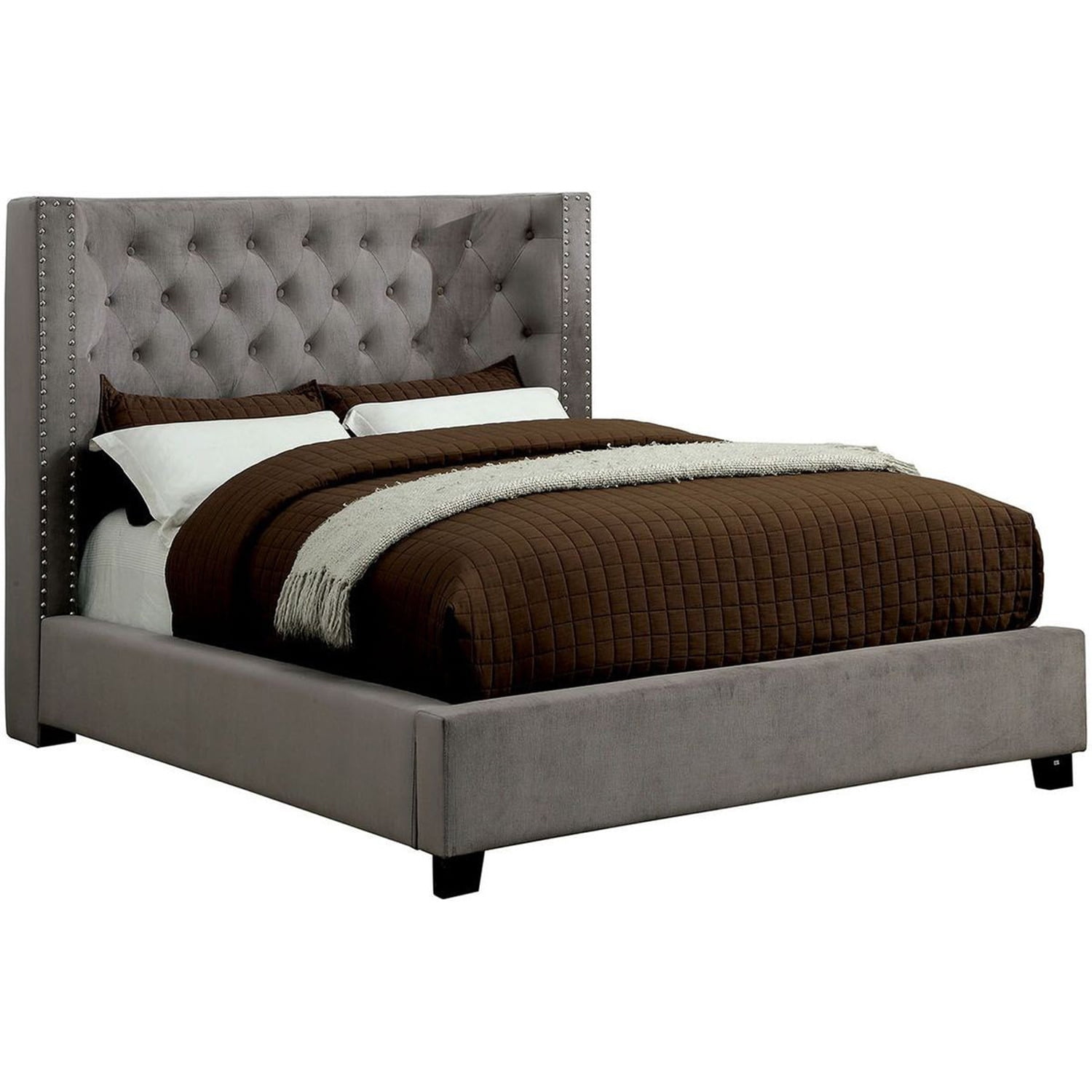 Benjara Fabric Padded Full Size Bed with LED Backlight Headboard, Gray ...