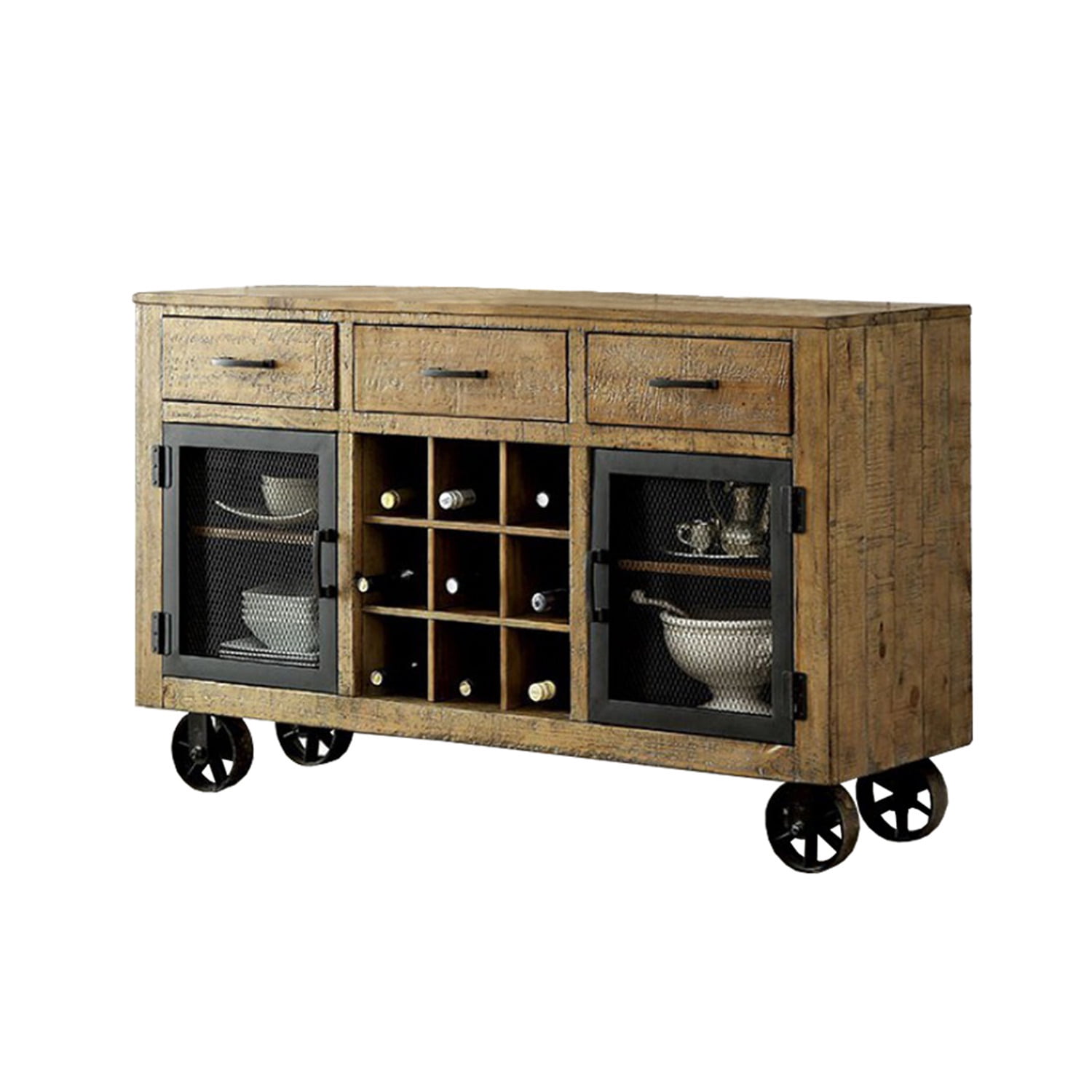 Benzara Gianna Industrial Style Server, Rustic Pine Finish - Walmart.com