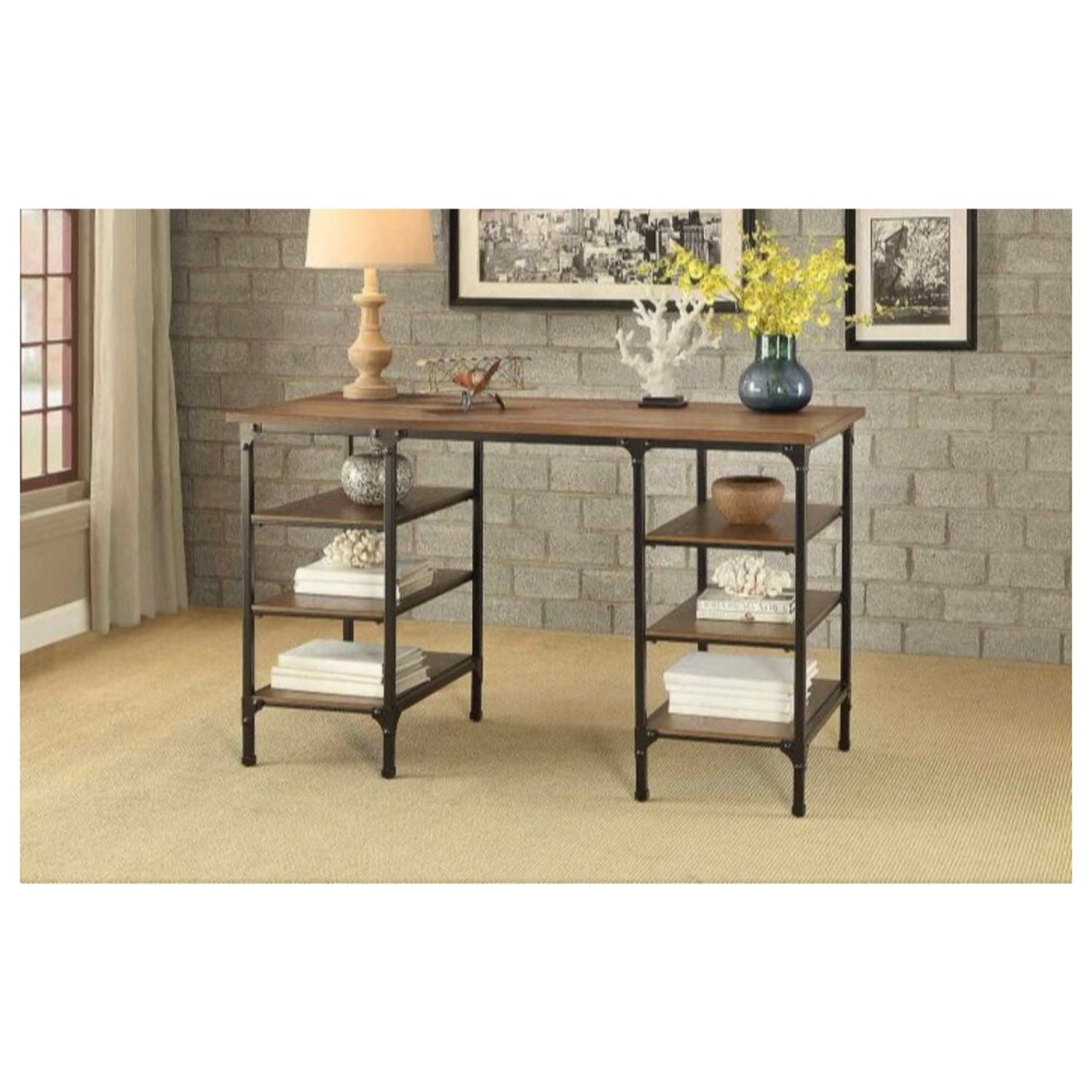 Industrial Style Counter Height Writing Desk With Wooden Top & Shelves ...