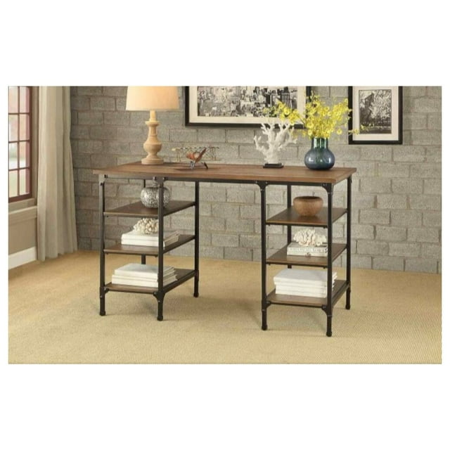 Industrial Style Counter Height Writing Desk With Wooden Top & Shelves ...