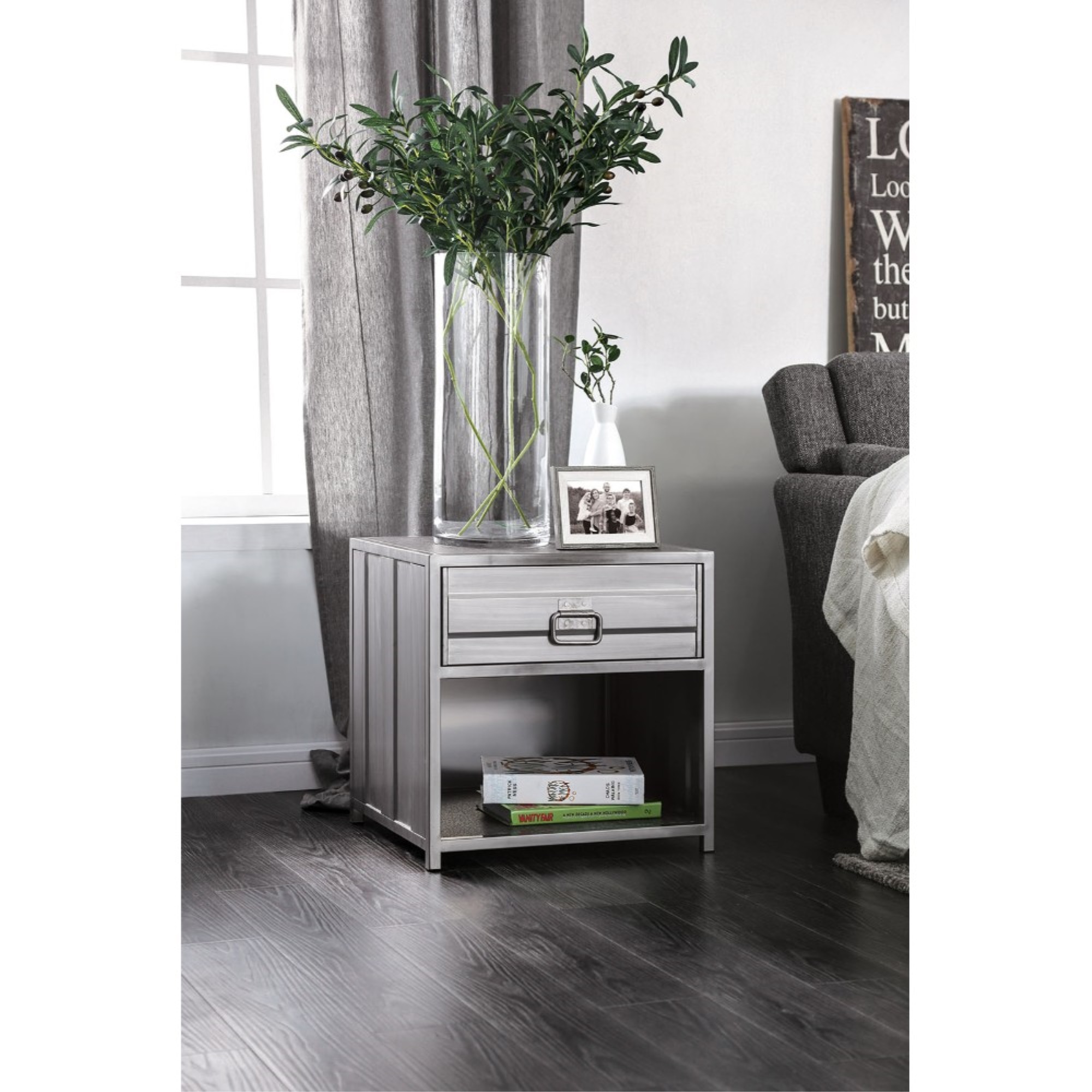 Industrial Style Metal Nightstand with Drawer and Bottom Shelf, Gray ...